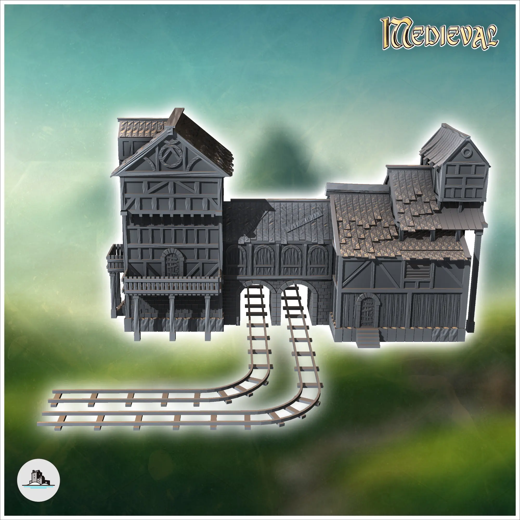 Medieval mine building with double central arch and rails fo | 3D ...