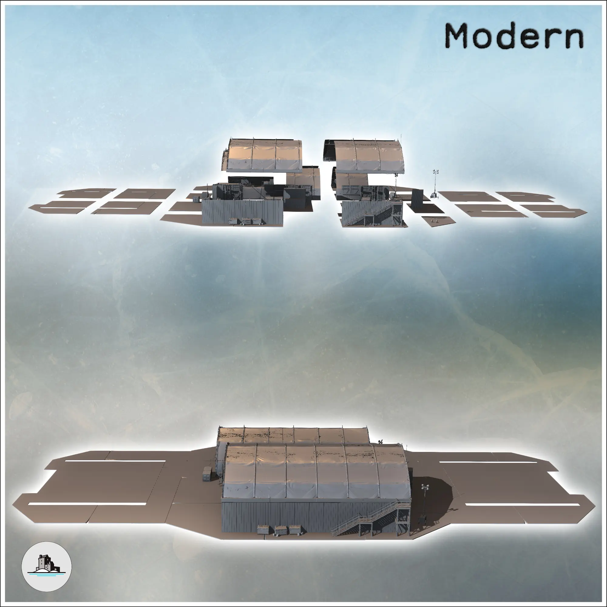 Two large modern storage warehouses with concrete floor plat | 3D ...
