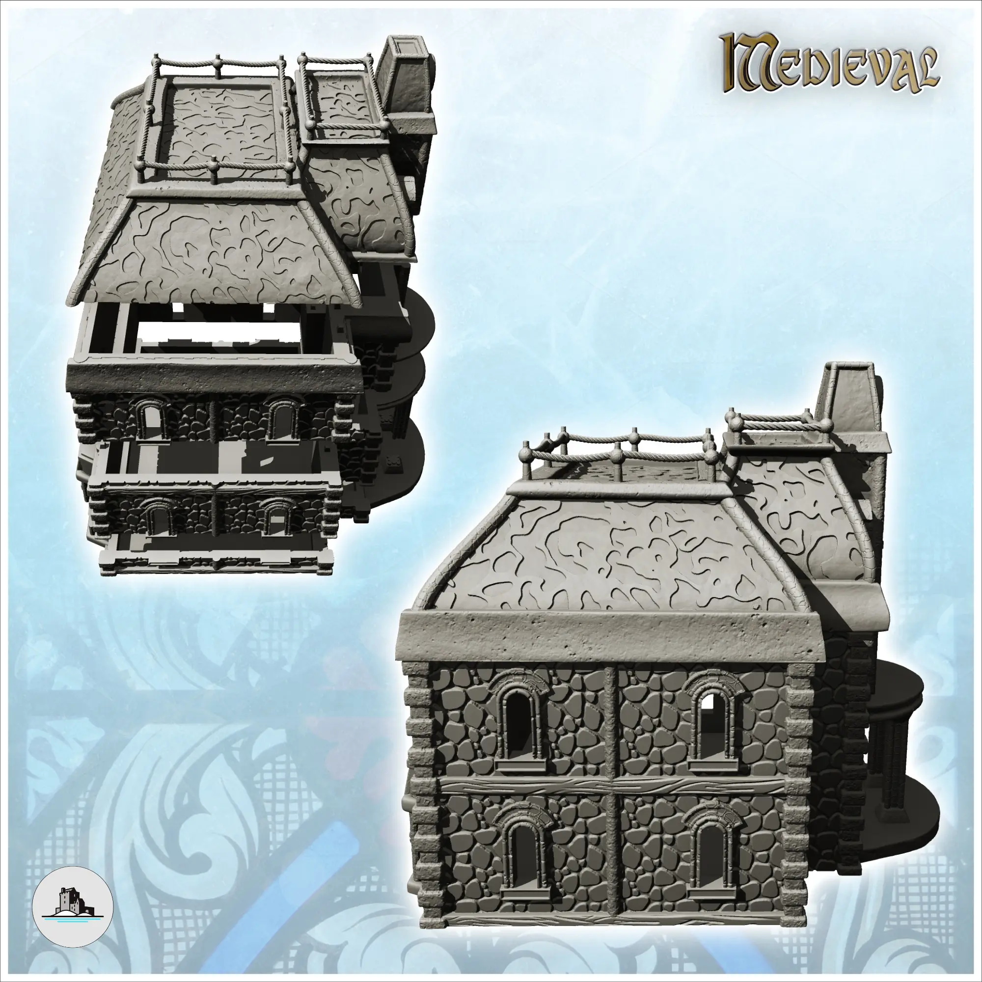 Other STL Download - Large two-story stone building with entrance ...
