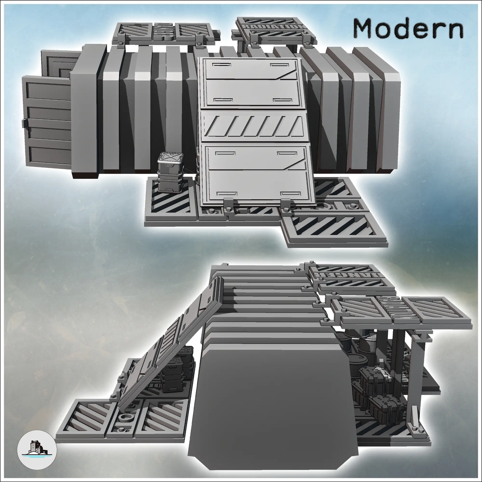 Futuristic container arrangement with awning and metal crate | 3D ...