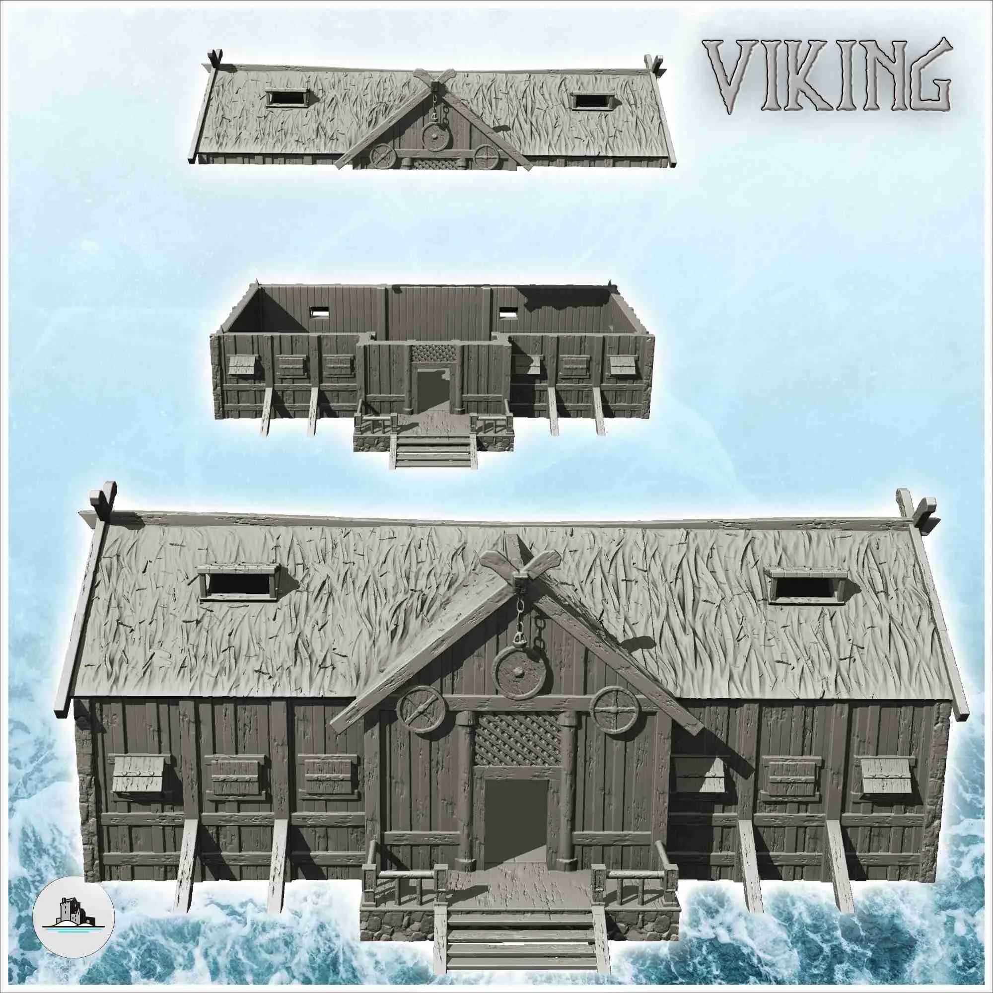 Wooden Viking building with access stairs and pediment chain | 3D ...