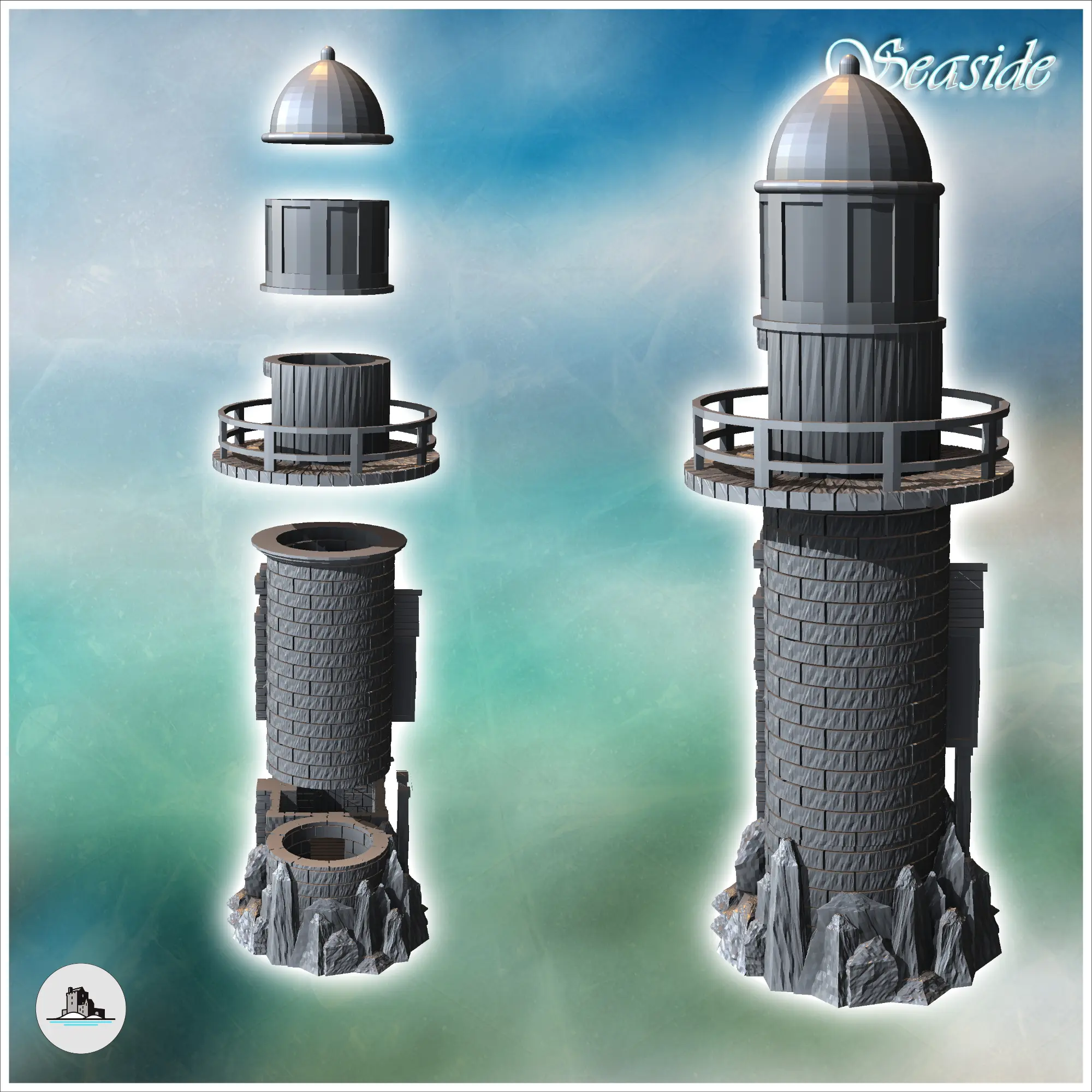 Medieval lighthouse on rock with annex building and large do | 3D ...
