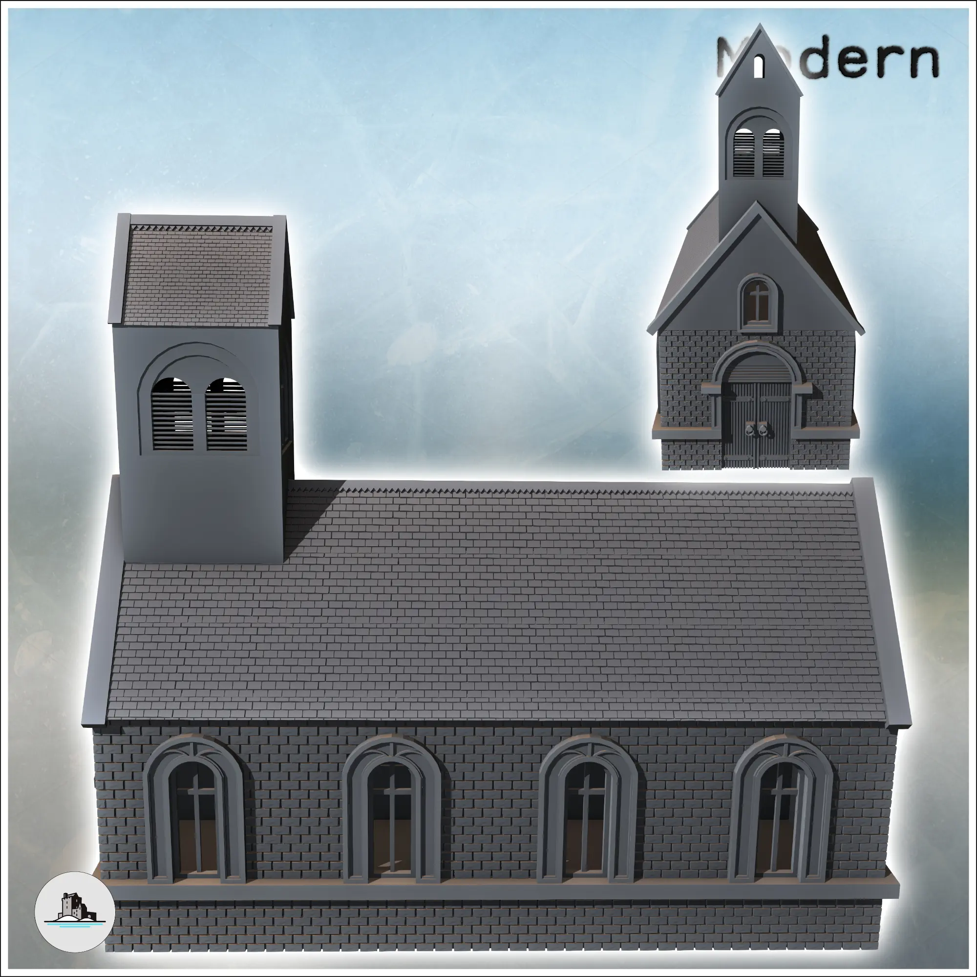 Brick church with multiple windows and a steeple (4) - minia | 3D ...