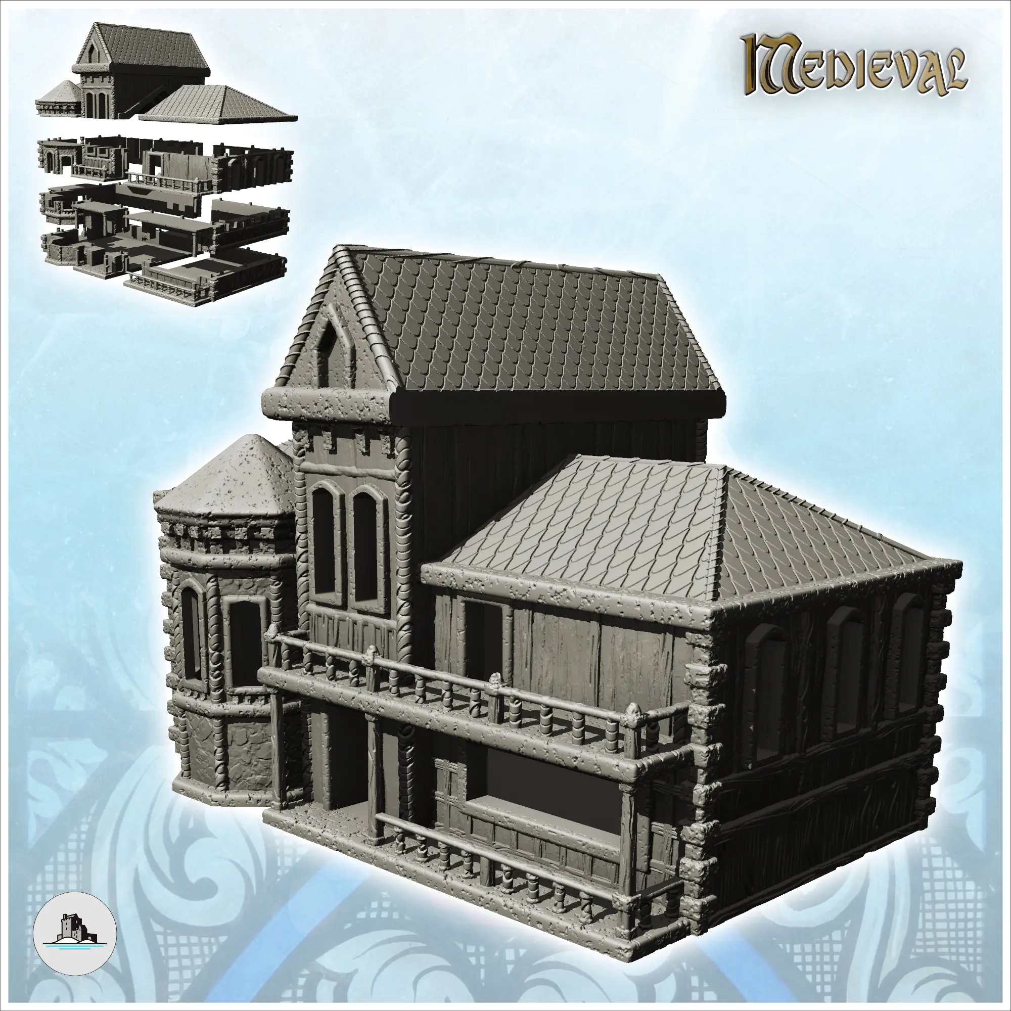 Props & Terrain STL Download - Large half-timbered building with tiled ...