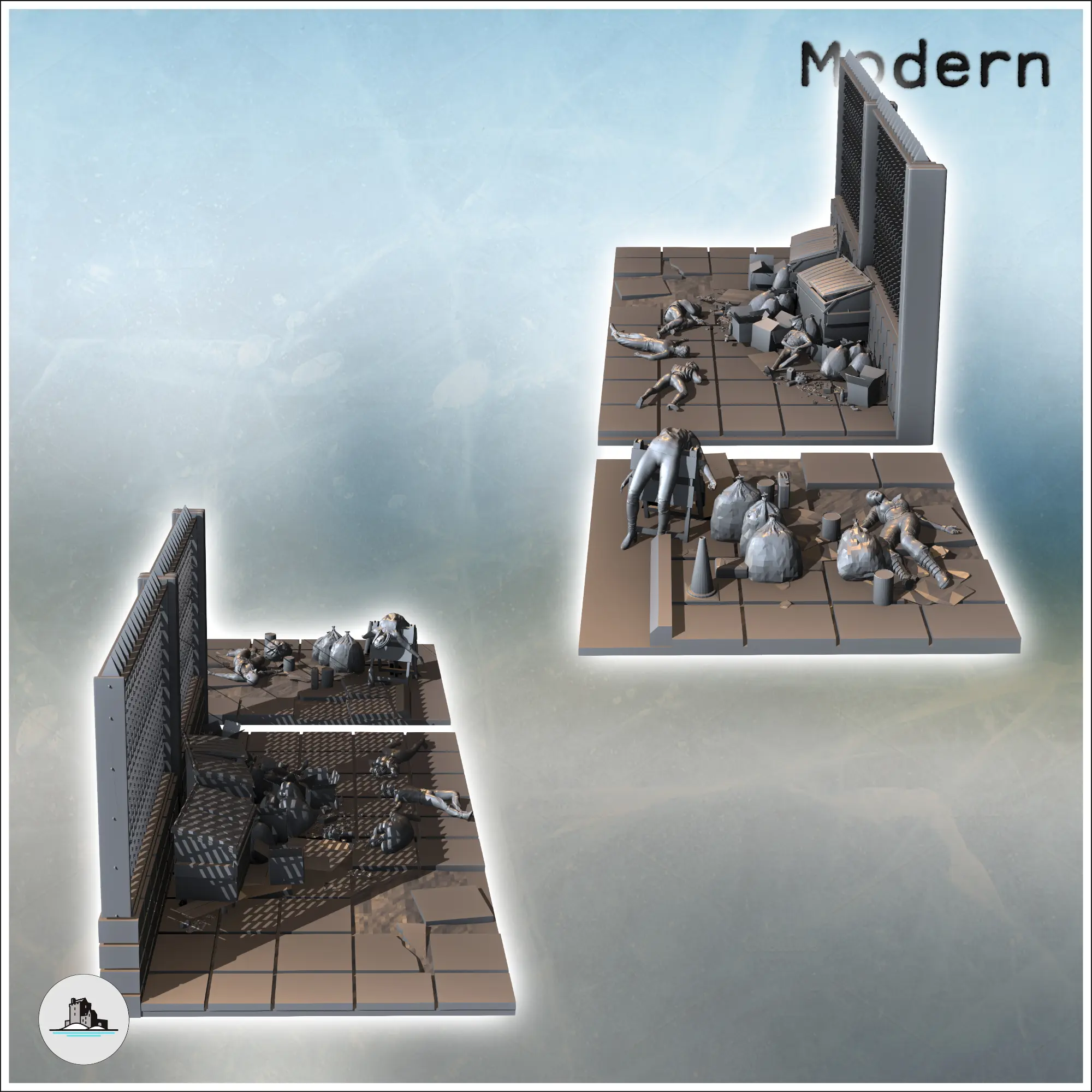 Scenes with apocalyptic zombies on urban streets with fences | 3D ...