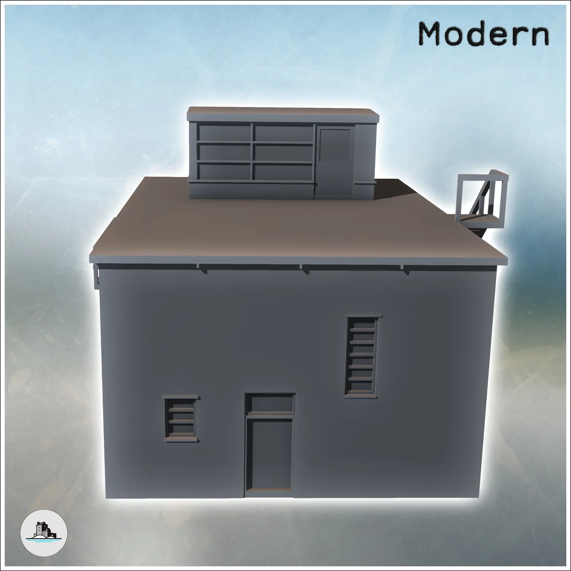 Modern flat-roofed building with observation balcony and mul | 3D ...
