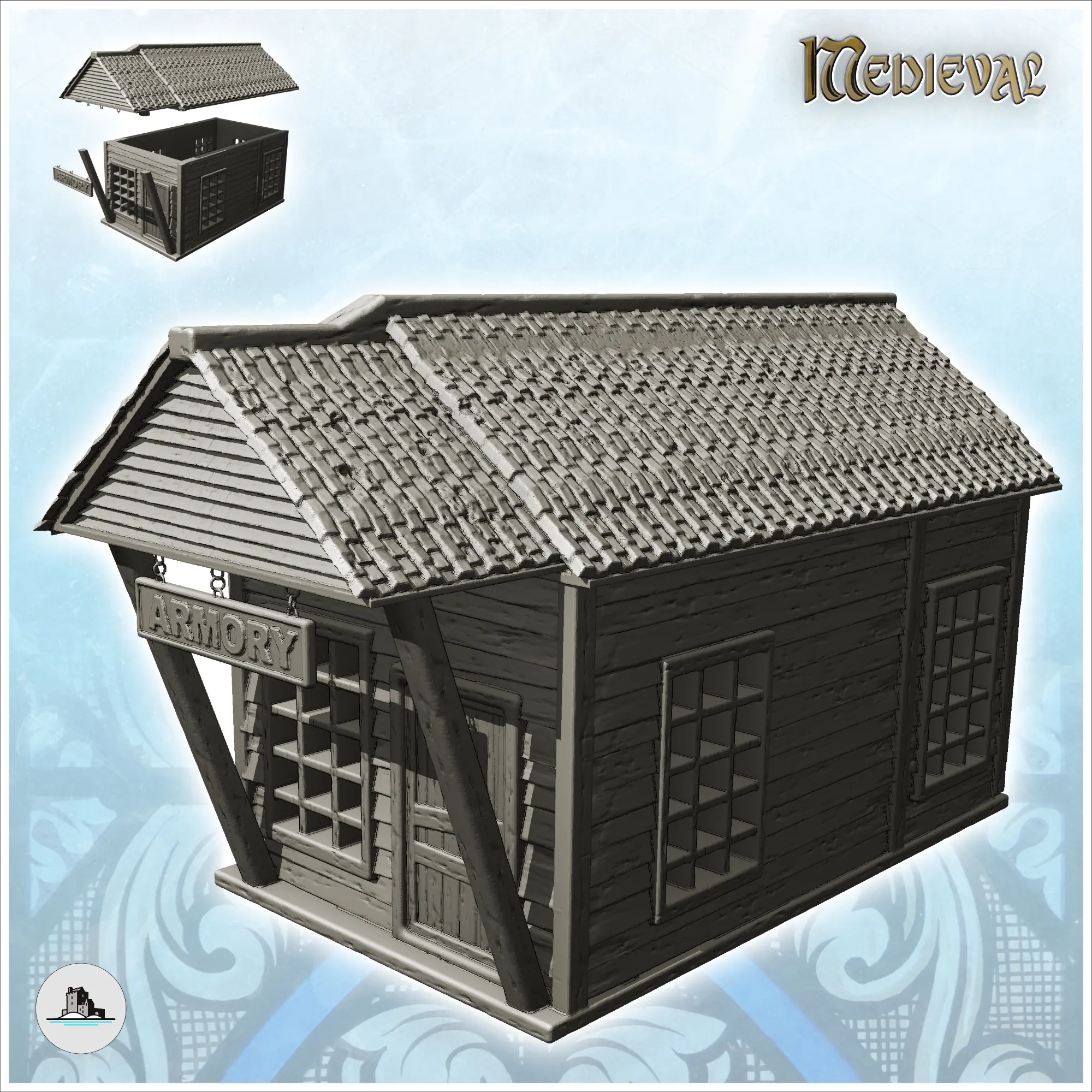 Other STL Download - Medieval wooden armory with tiled roof and large ...