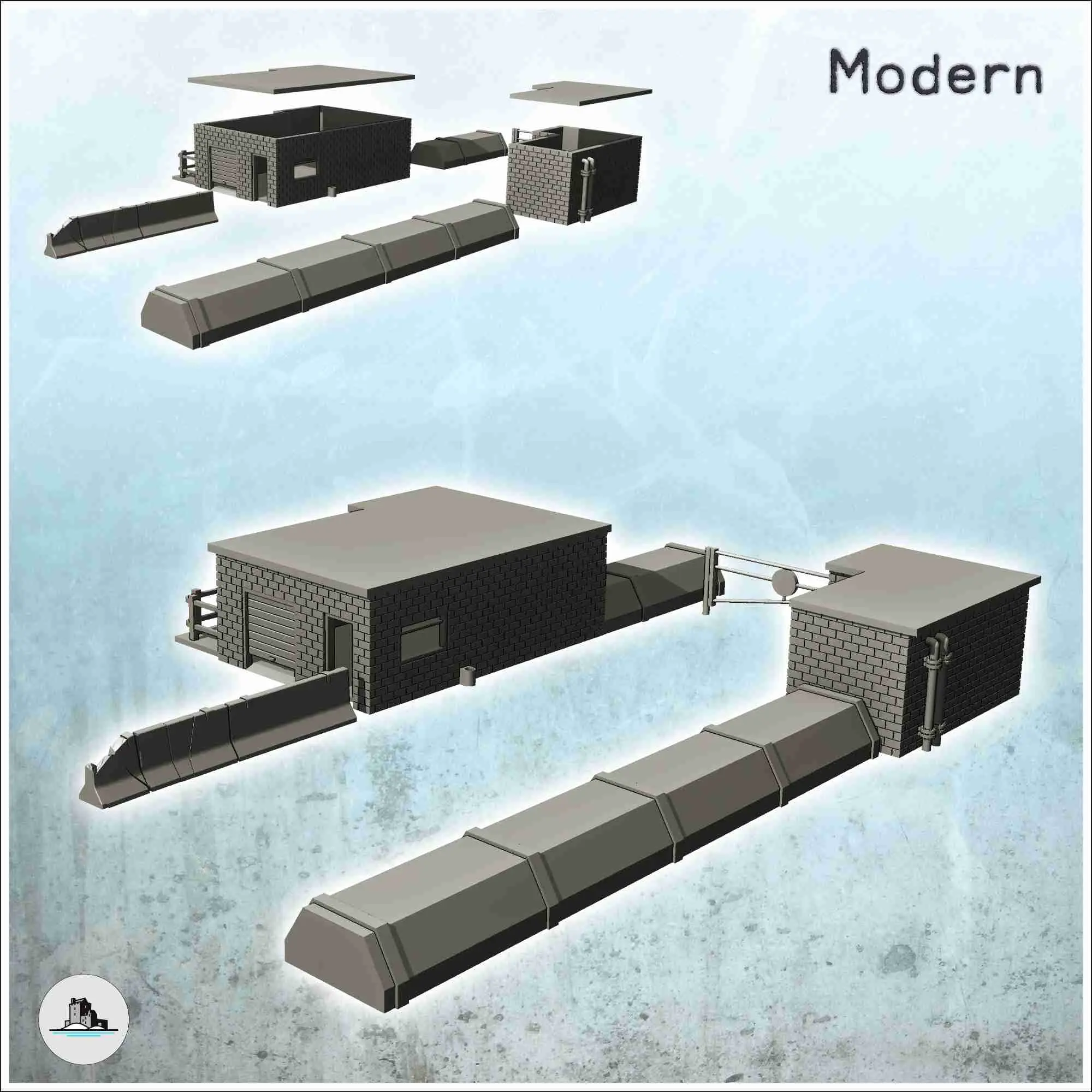 Other STL Download - Checkpoint with gate, two buildings and concrete ...
