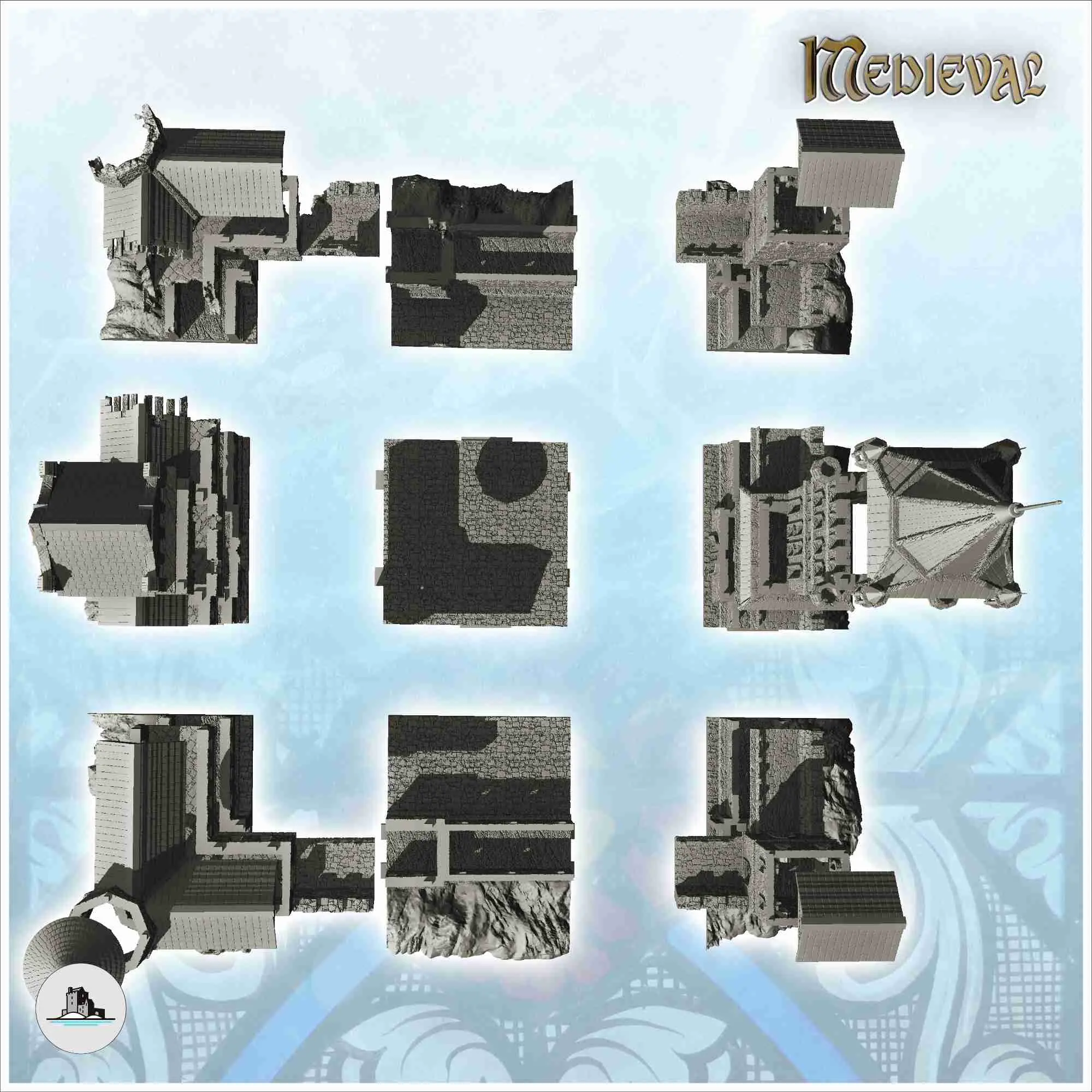 Large damaged stone castle with corner towers and high soari | 3D ...