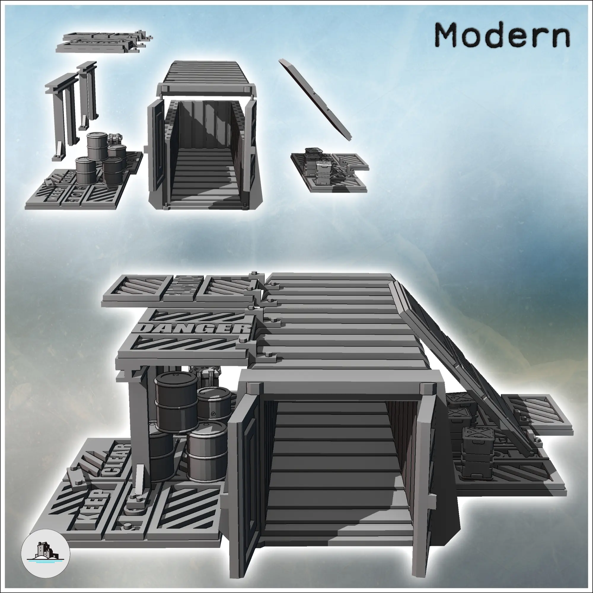 Futuristic container arrangement with awning and metal crate | 3D ...