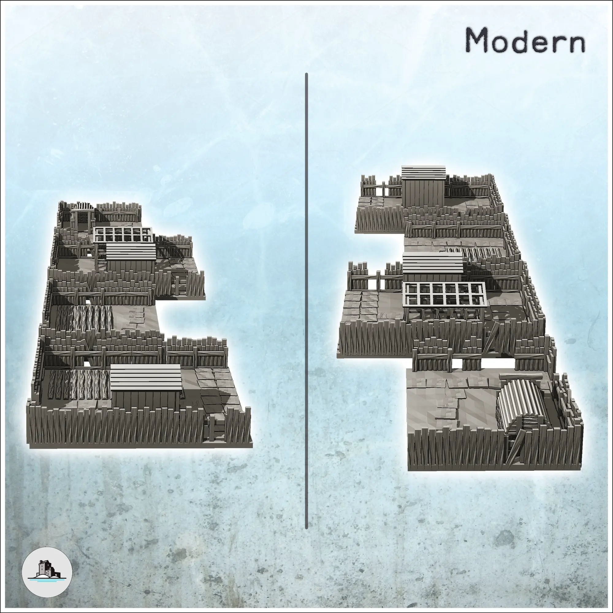 Set of four garden installations with wooden walls and huts | 3D models ...