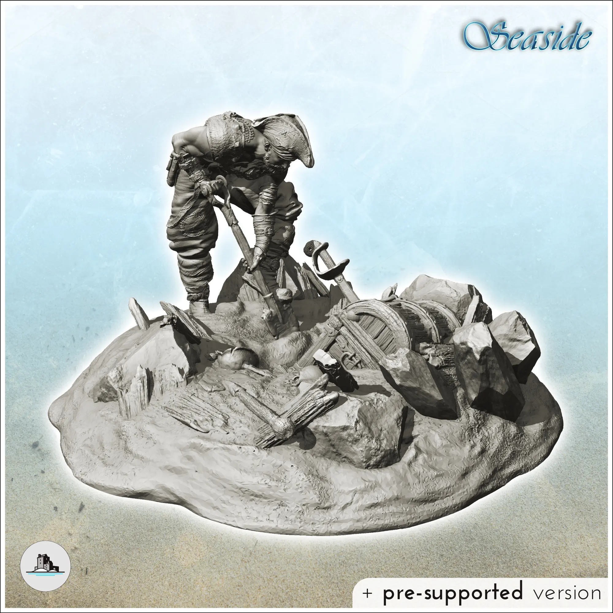 Pirate digging with shovel with treasure chest - figure mini | 3D ...