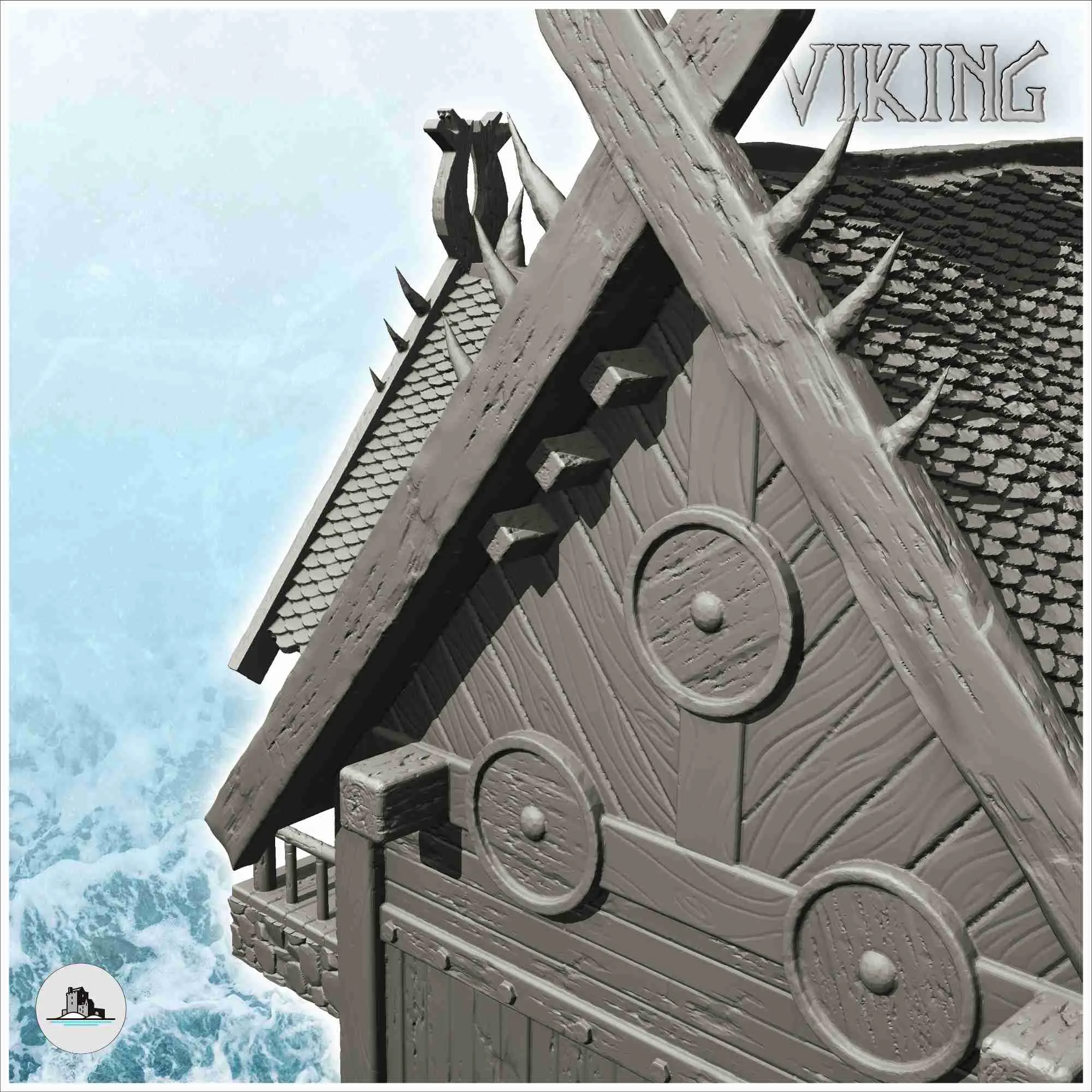 Wooden viking house on platform with double stairs and annex | 3D ...