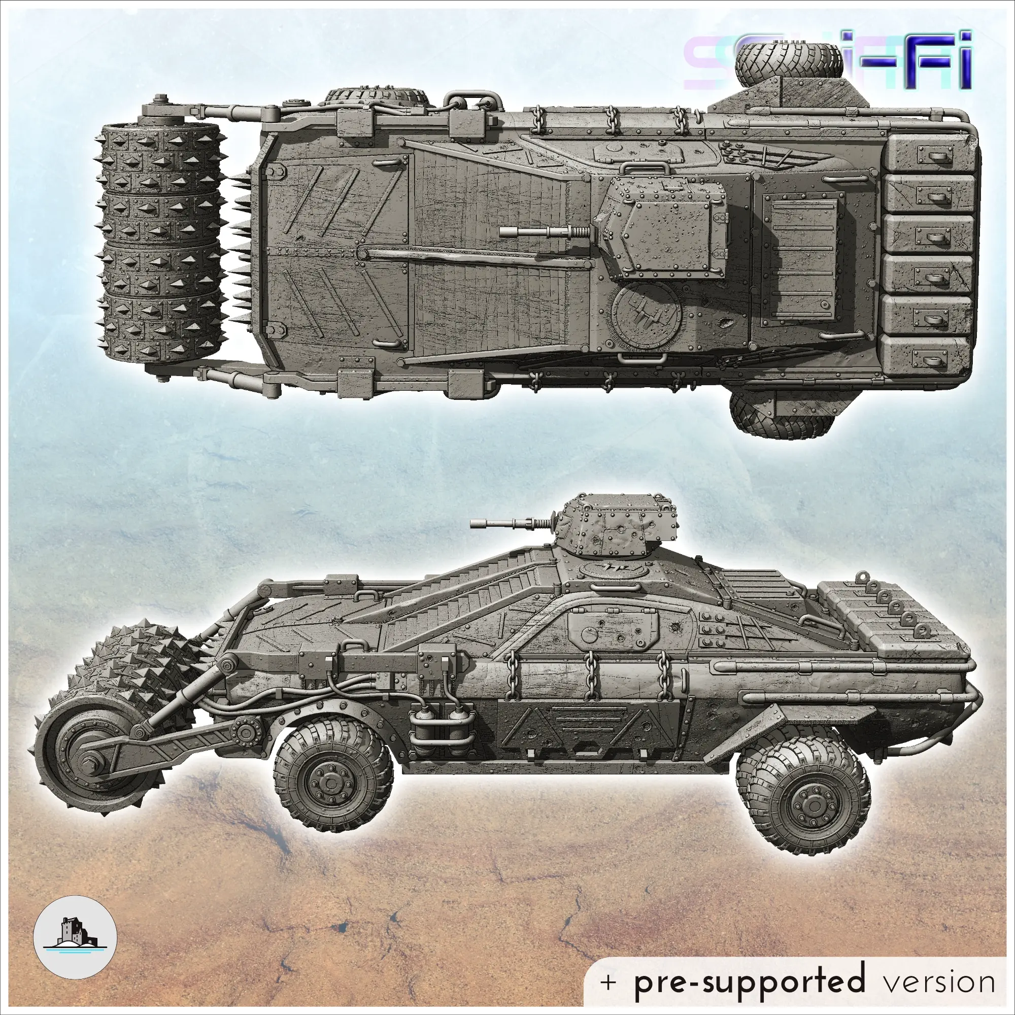 Post-apocalyptic car with armed turret and spiked rollers (2 | 3D ...