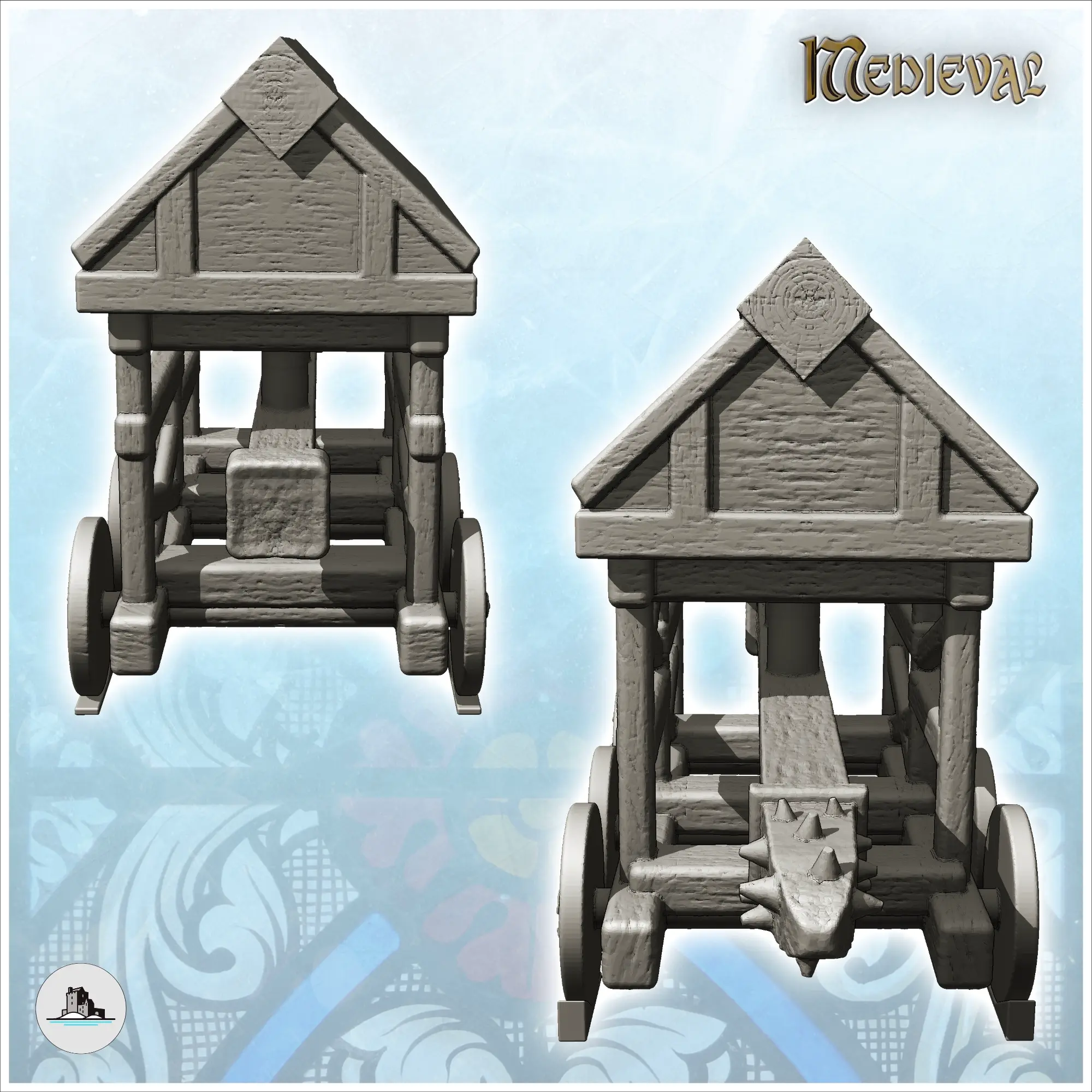 Medieval wooden ram with six wheels and pointed mace (4) - m | 3D ...