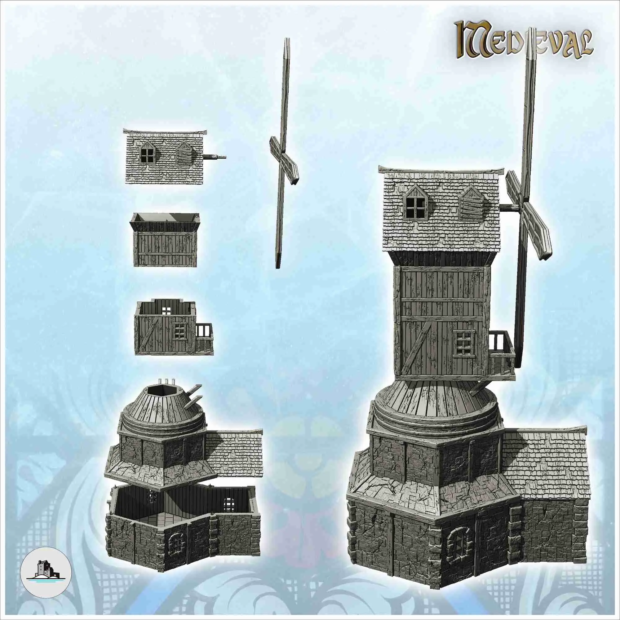 Props & Terrain STL Download - Medieval mill with quadruple blades and ...