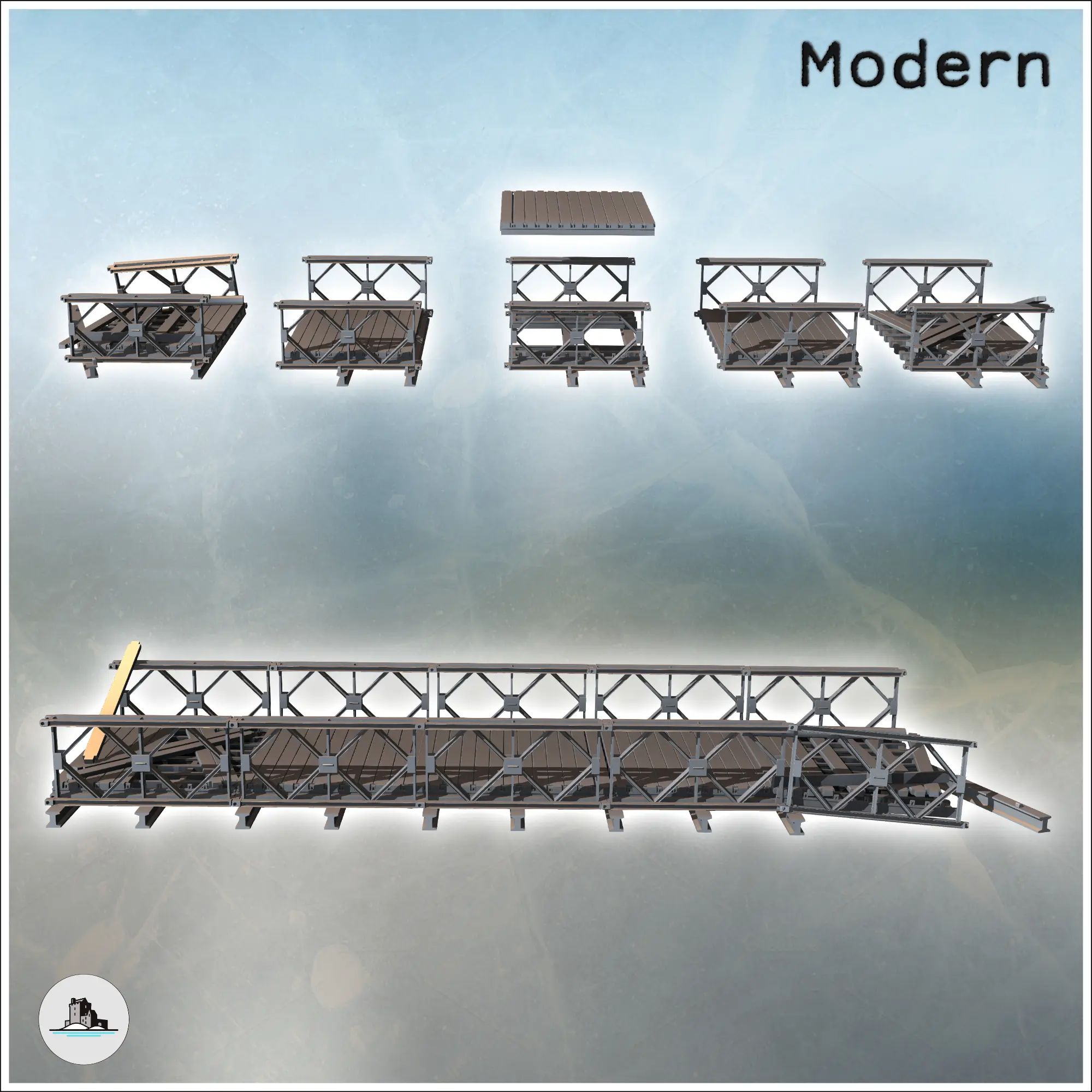 Modular modern metal bridge with wooden plank (intact and da | 3D ...