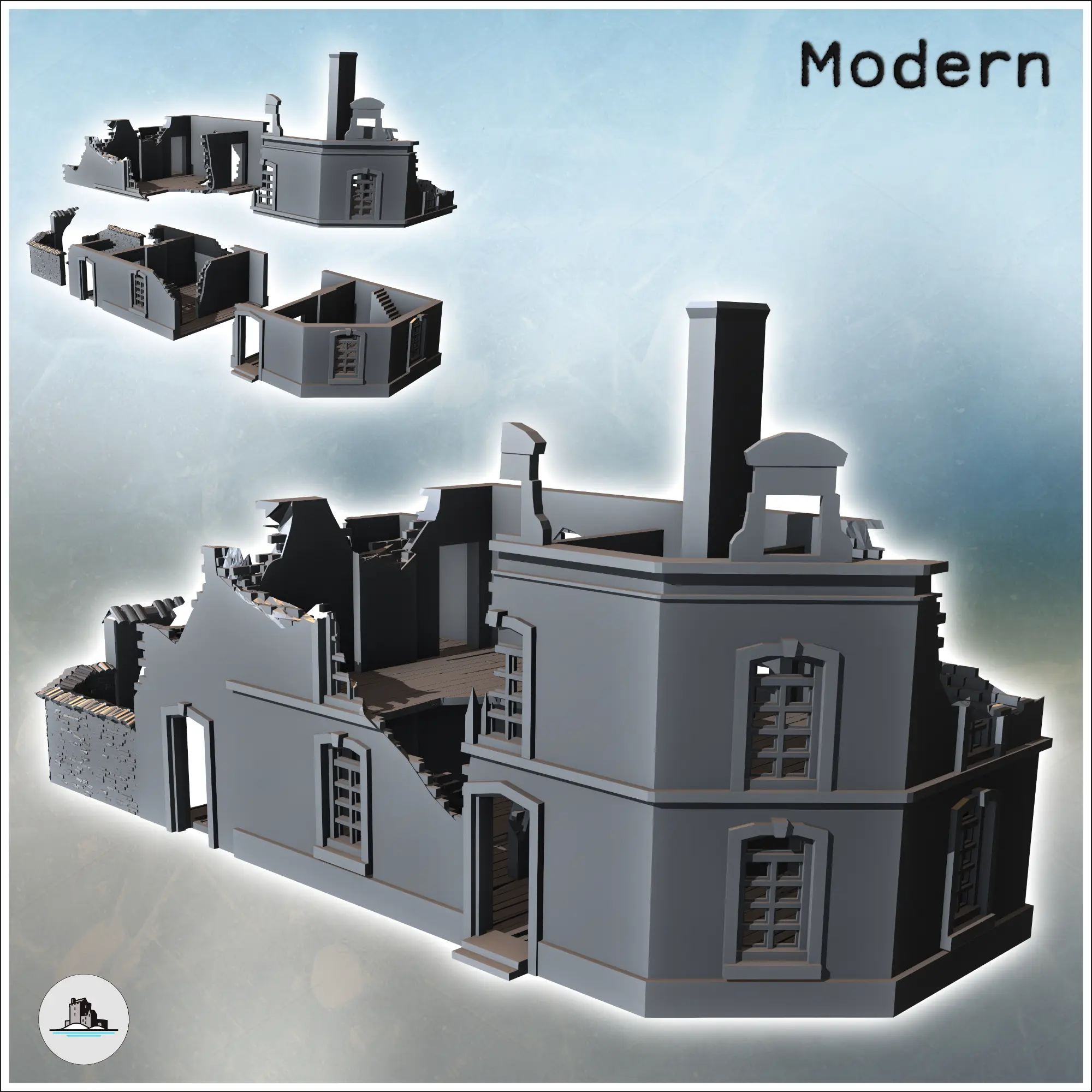 Other STL Download - Corner building in ruins with a large chimney ...