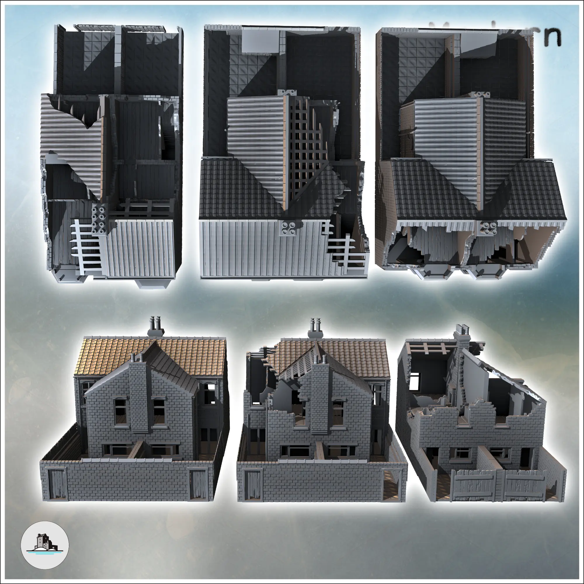 Set of three buildings with large bay windows and a backyard | 3D ...