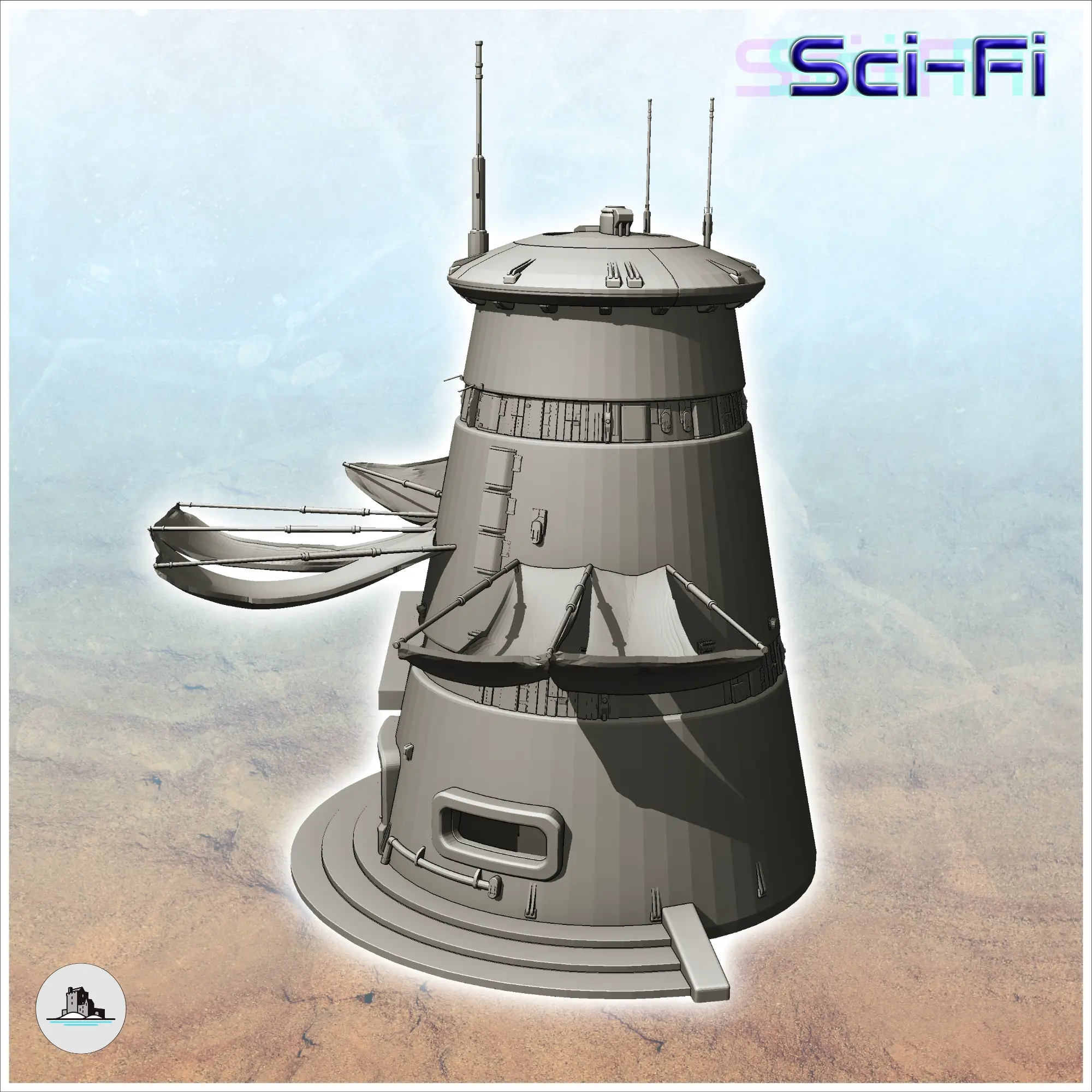 Round futuristic building with large hanging canvas canopy ( | 3D ...