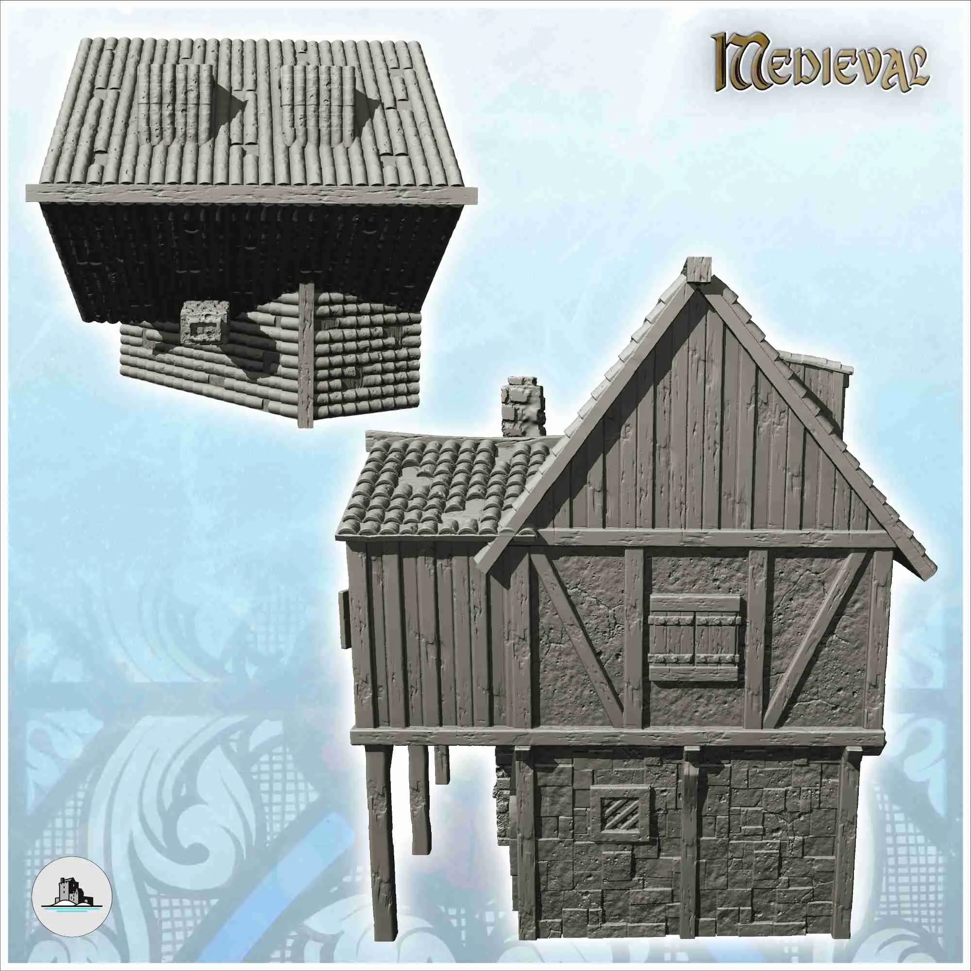 Large medieval stone house with tile roof and window canopy | 3D models ...