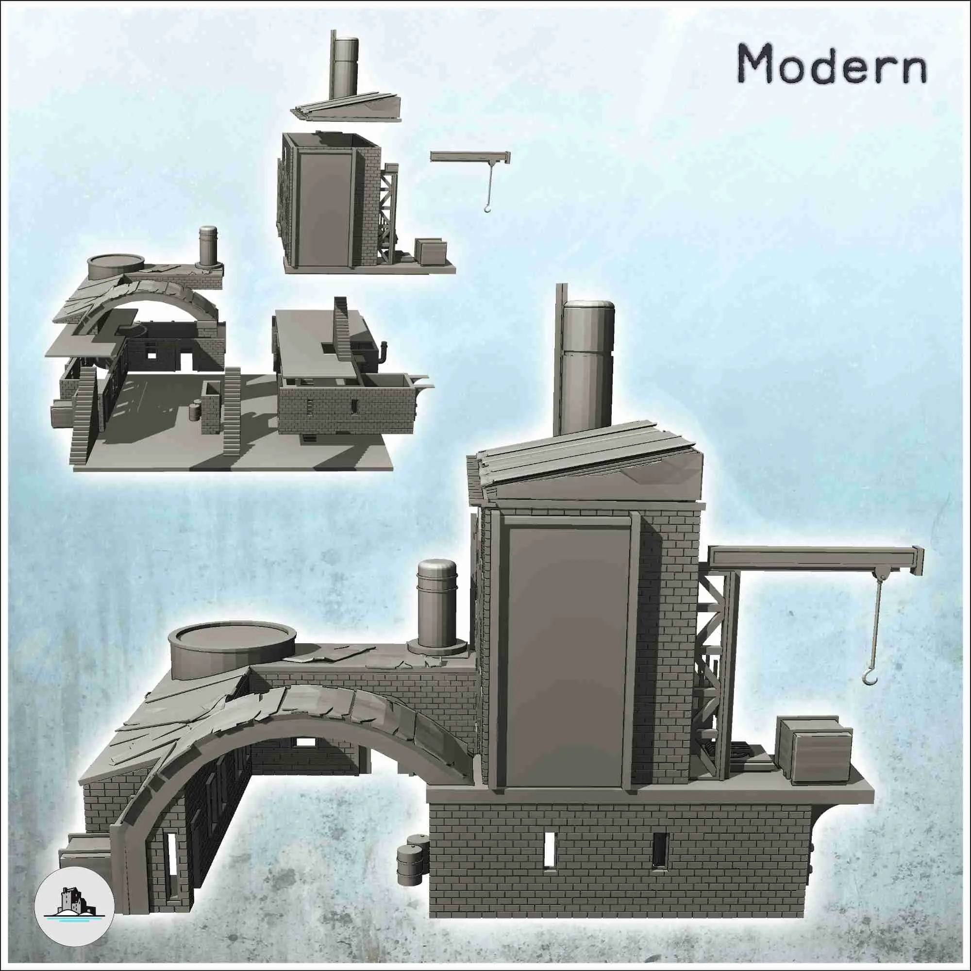 Modern brick factory with large chimney and access arch (int | 3D ...