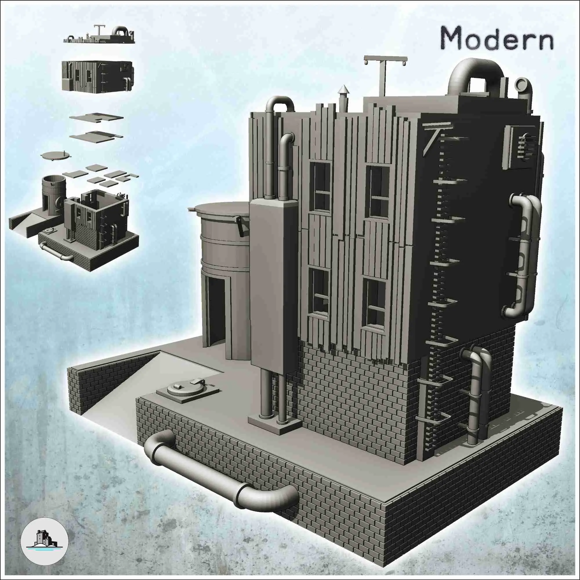Other STL Download - Brick industrial plant on platform with auxiliary ...