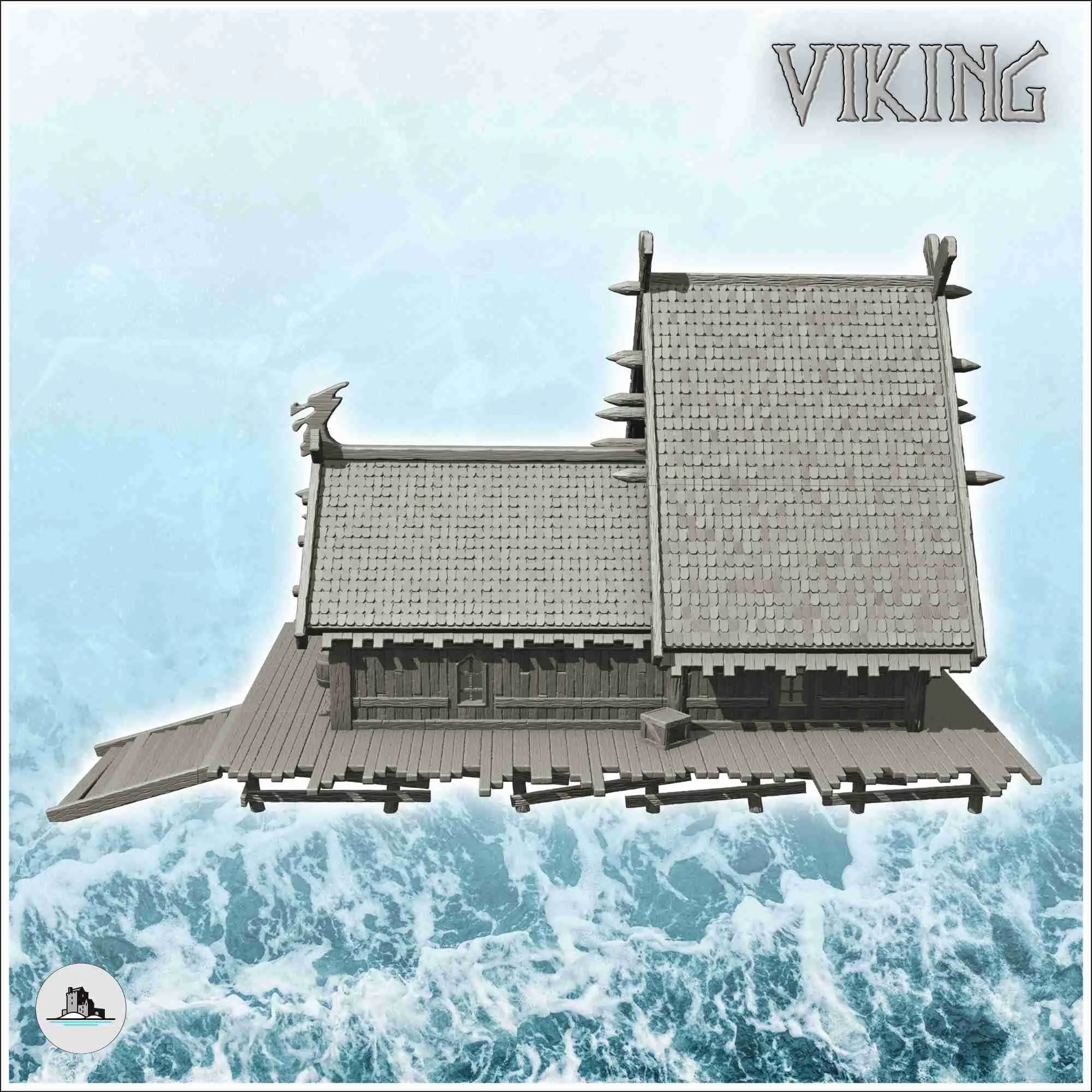 Viking city hall on wooden platform with access stairs (6) - | 3D ...
