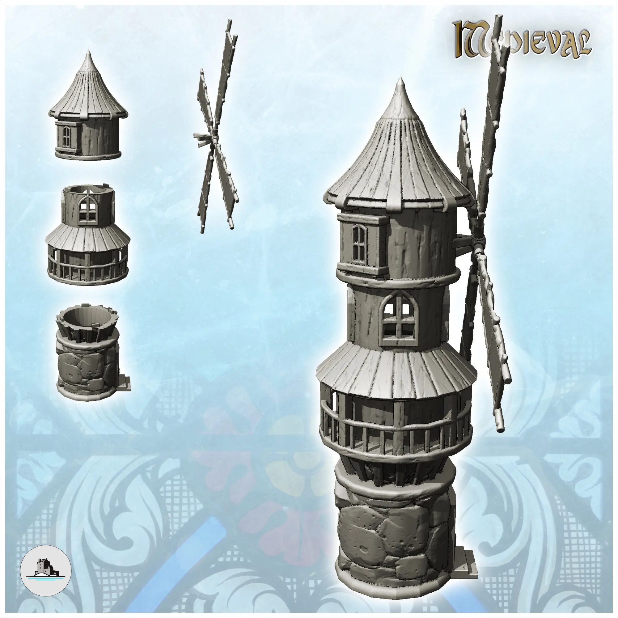 Other STL Download - Large tower-shaped medieval mill with exposed ...