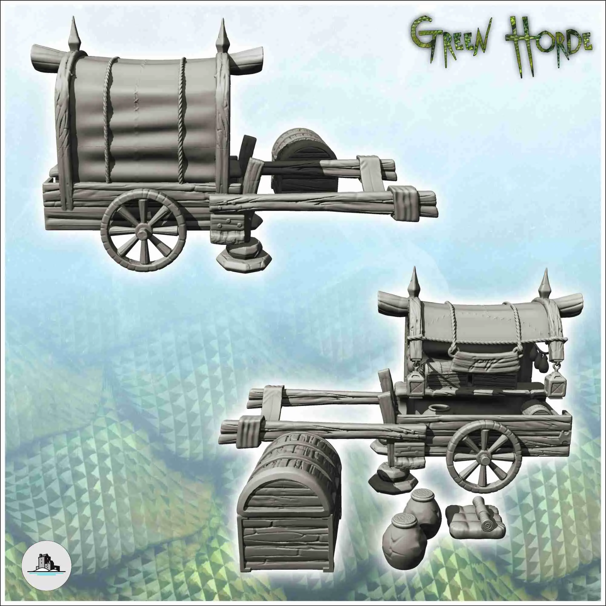 Other STL Download - Set of medieval accessories with wooden caravan ...