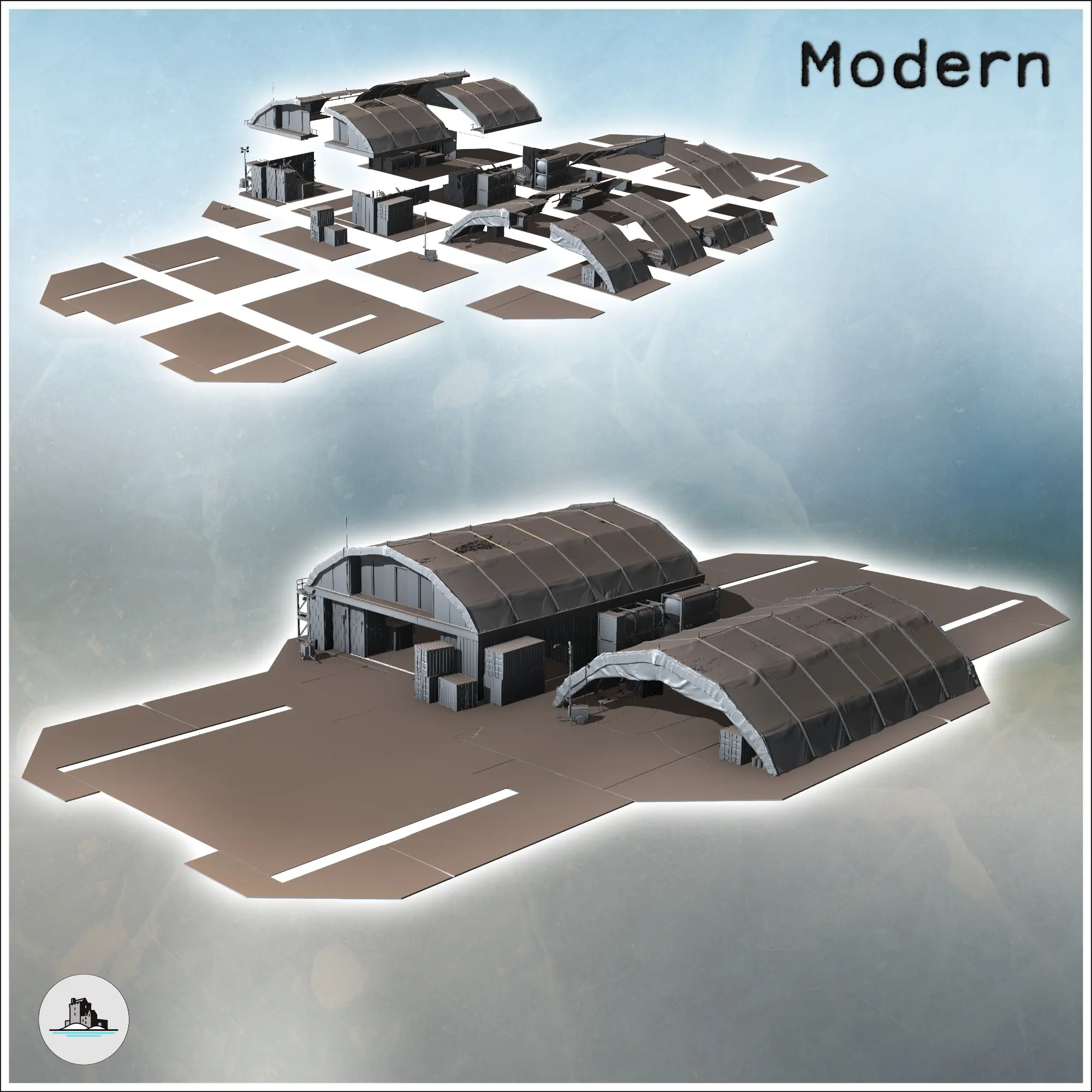 Two large modern storage warehouses with concrete floor plat | 3D ...