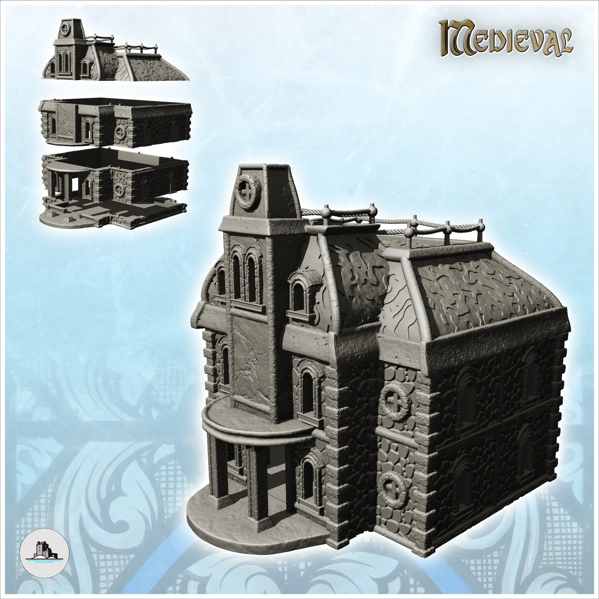 Other STL Download - Large two-story stone building with entrance ...