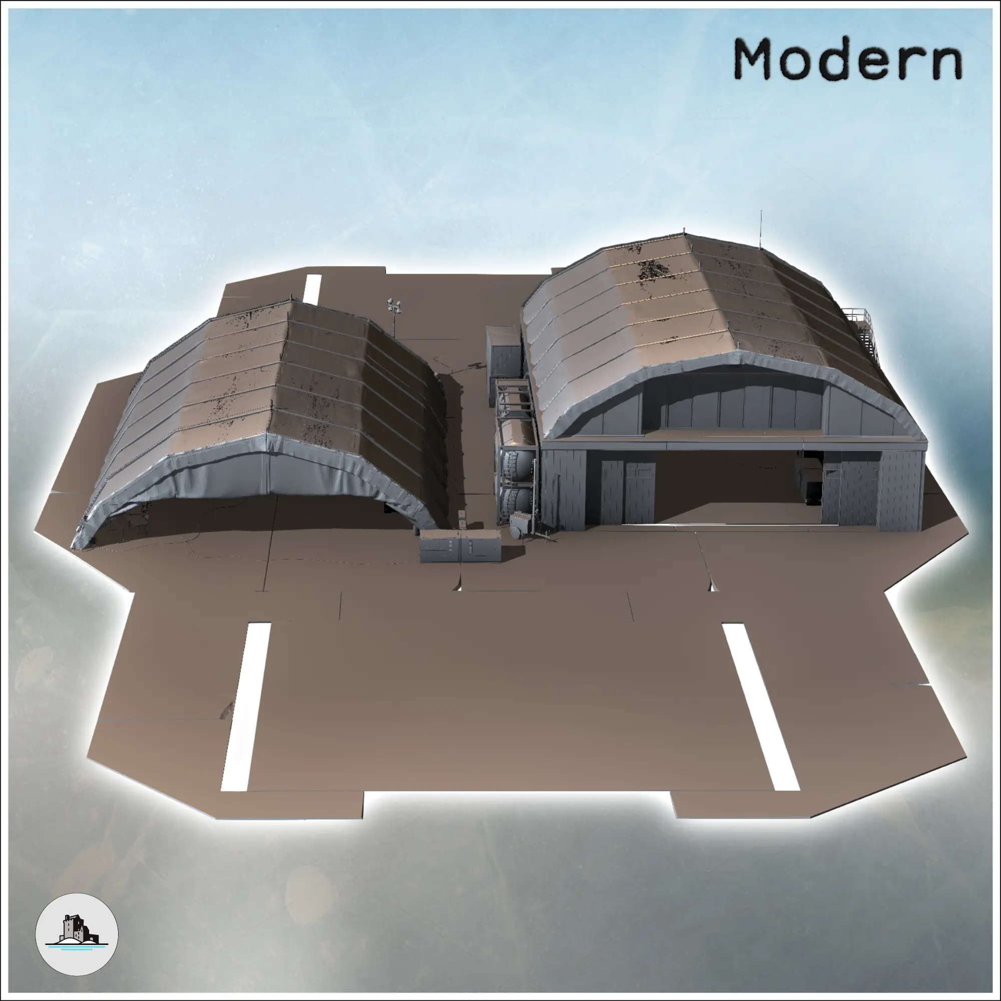 Two large modern storage warehouses with concrete floor plat | 3D ...