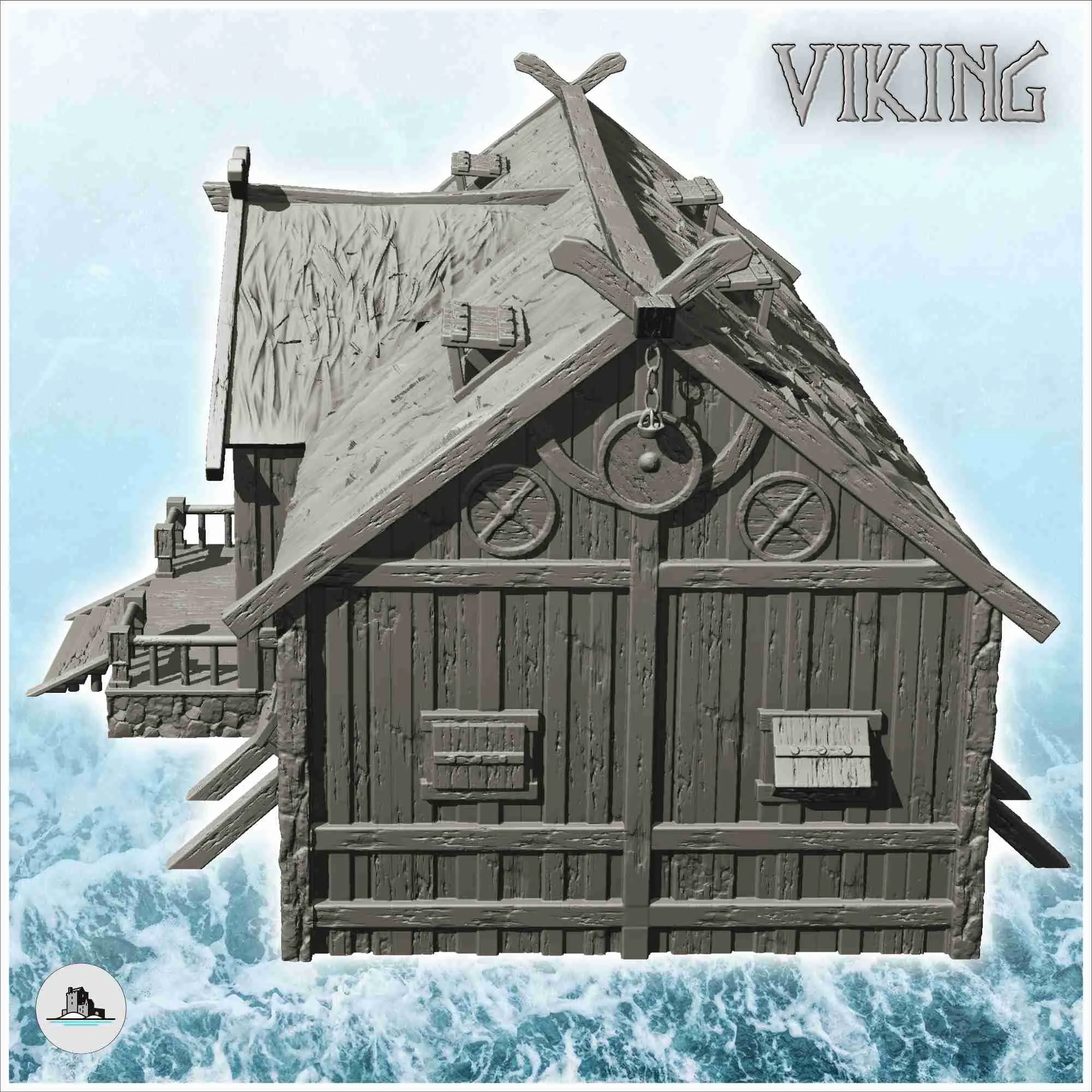 Wooden Viking building with access stairs and pediment chain | 3D ...