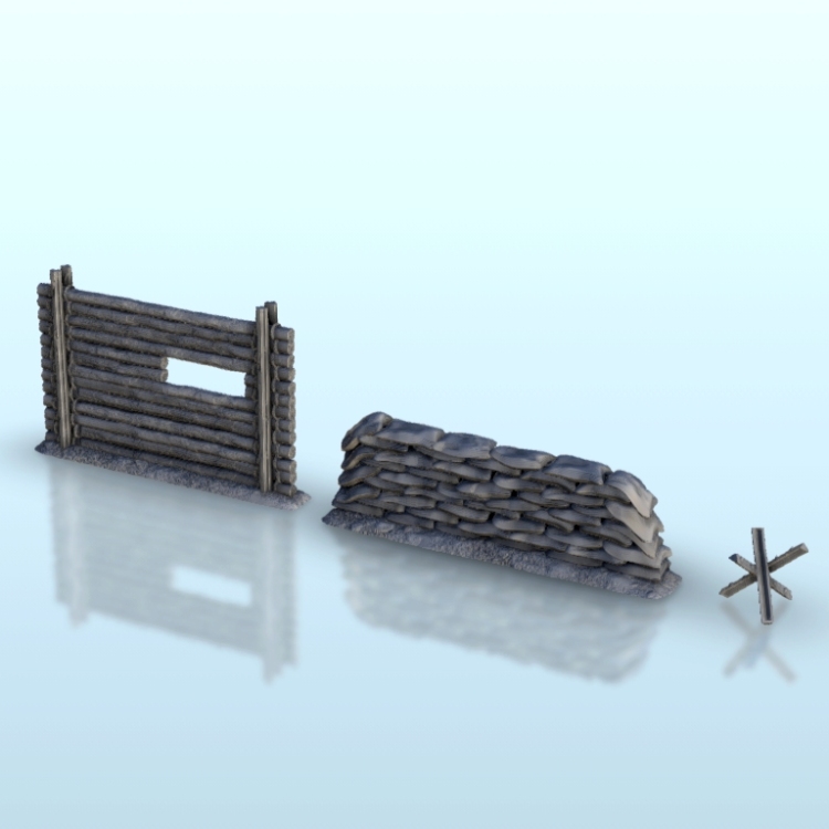Set of barricades : hedgehod wooden sandbags - terrain WW2