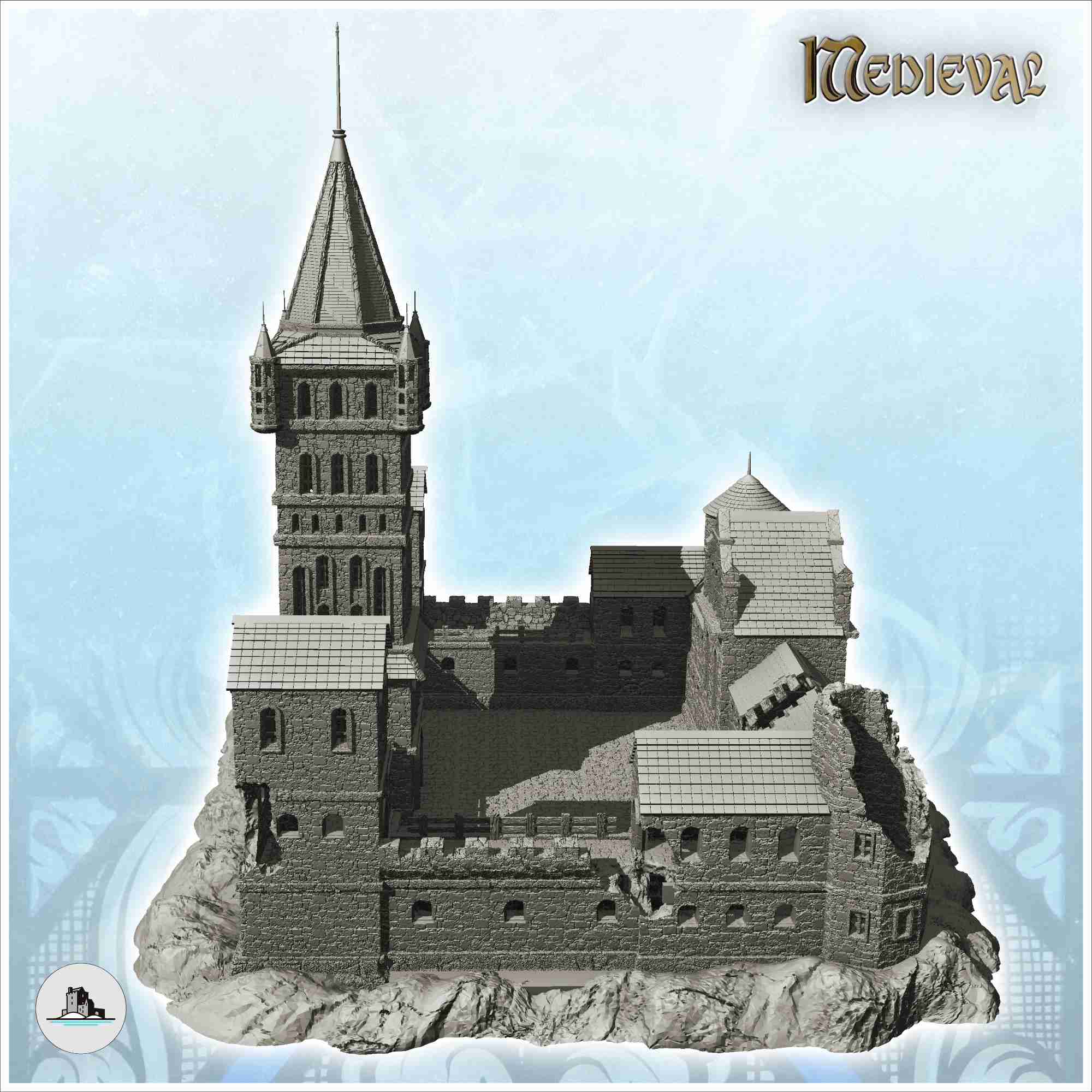 Large damaged stone castle with corner towers and high soari | 3D ...