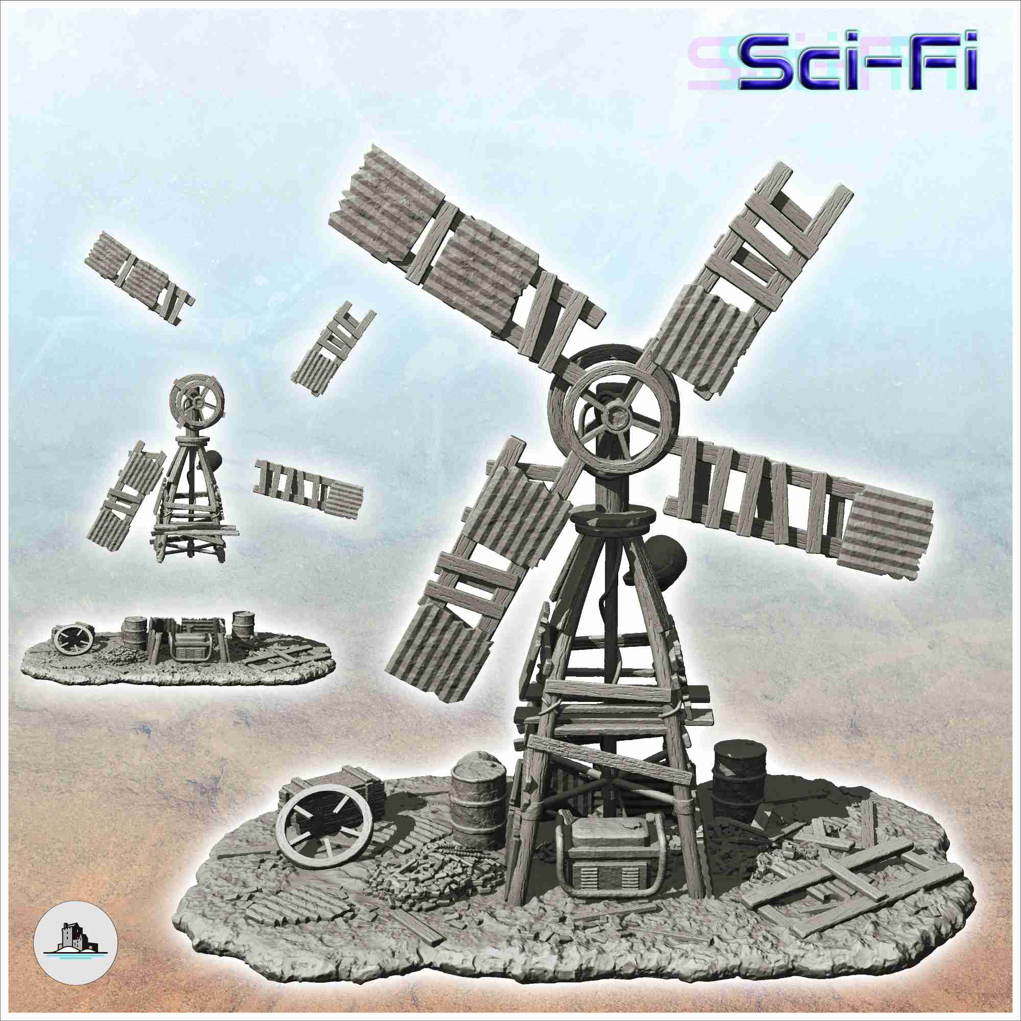 Post-apocalyptic wind turbine made of sheet metal and wood w | 3D ...