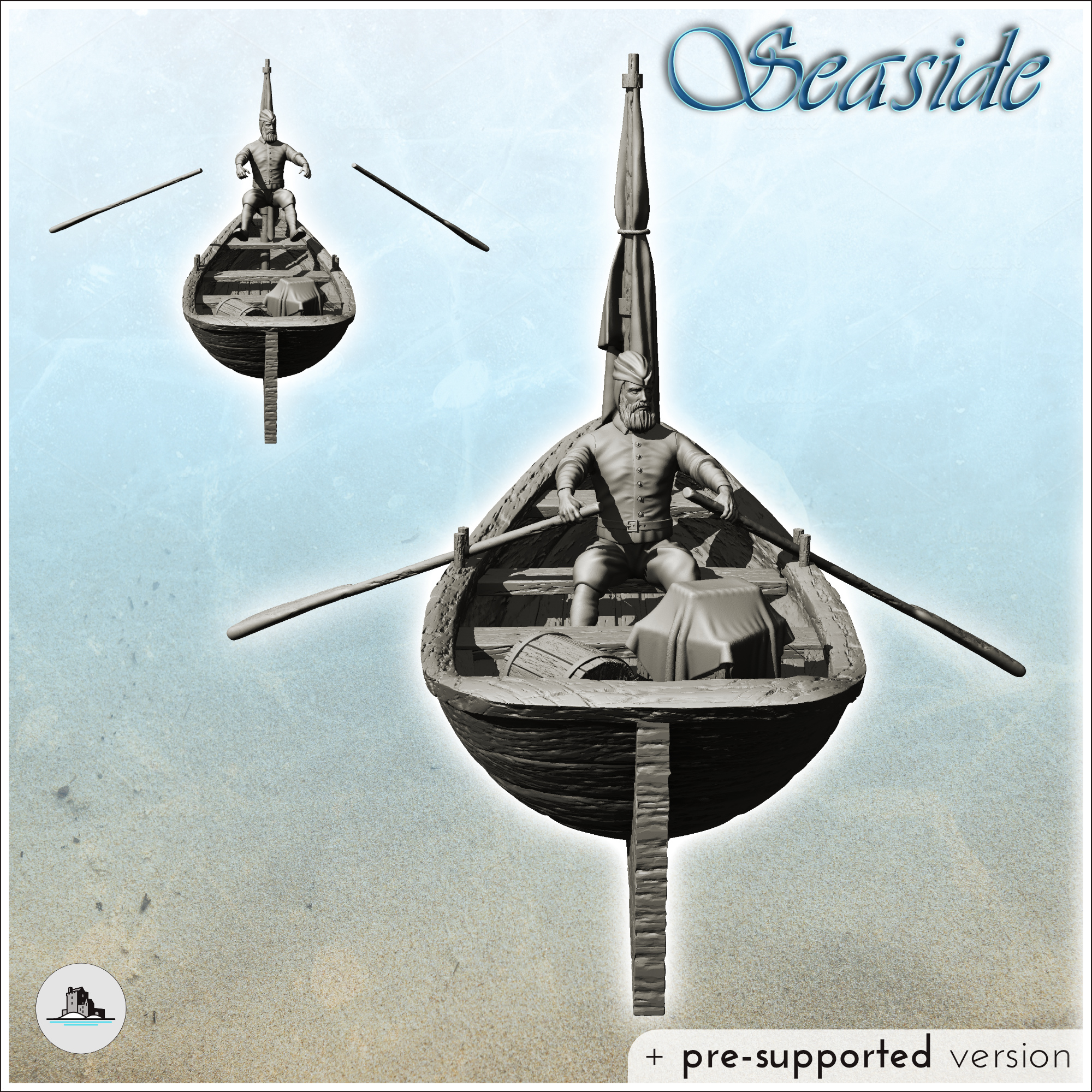 Old pirate rowing in wooden boat with mast - figure mini | 3D models ...