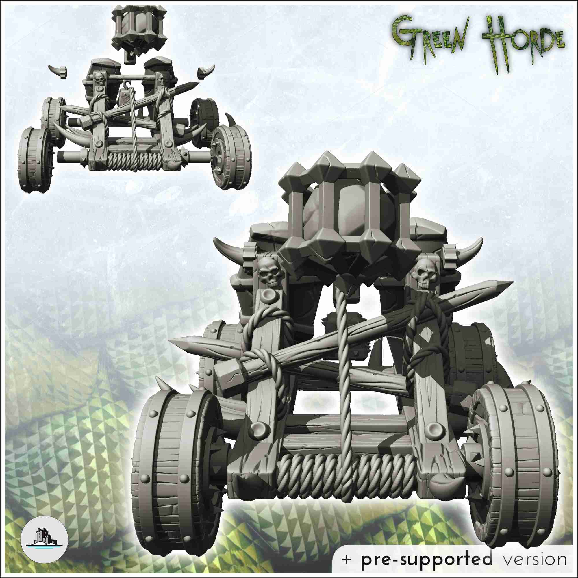 Orc wheeled catapult with wooden shield (1) - miniatures war | 3D ...