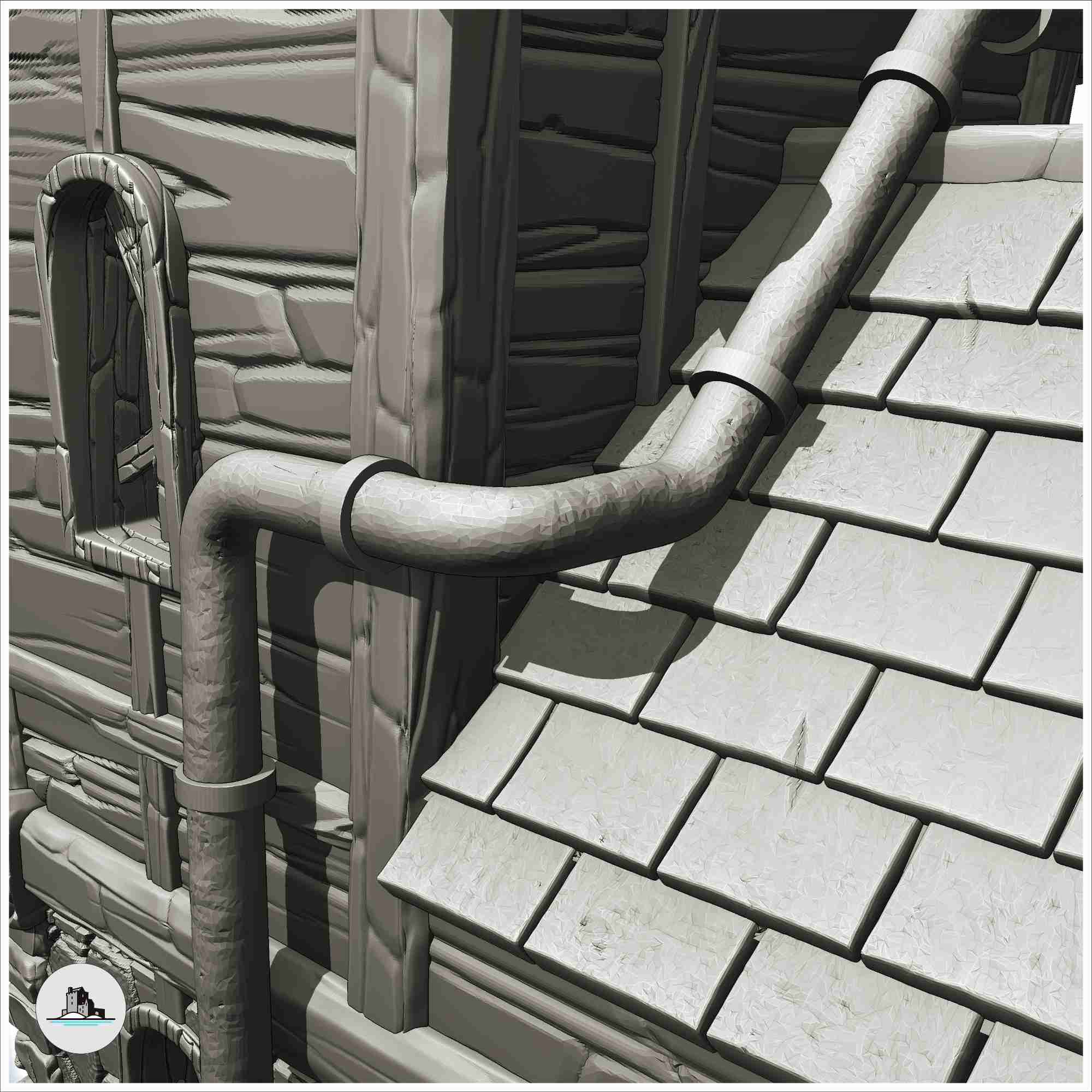 Medieval house with zinc drain pipes, canvas awning, entranc | 3D ...