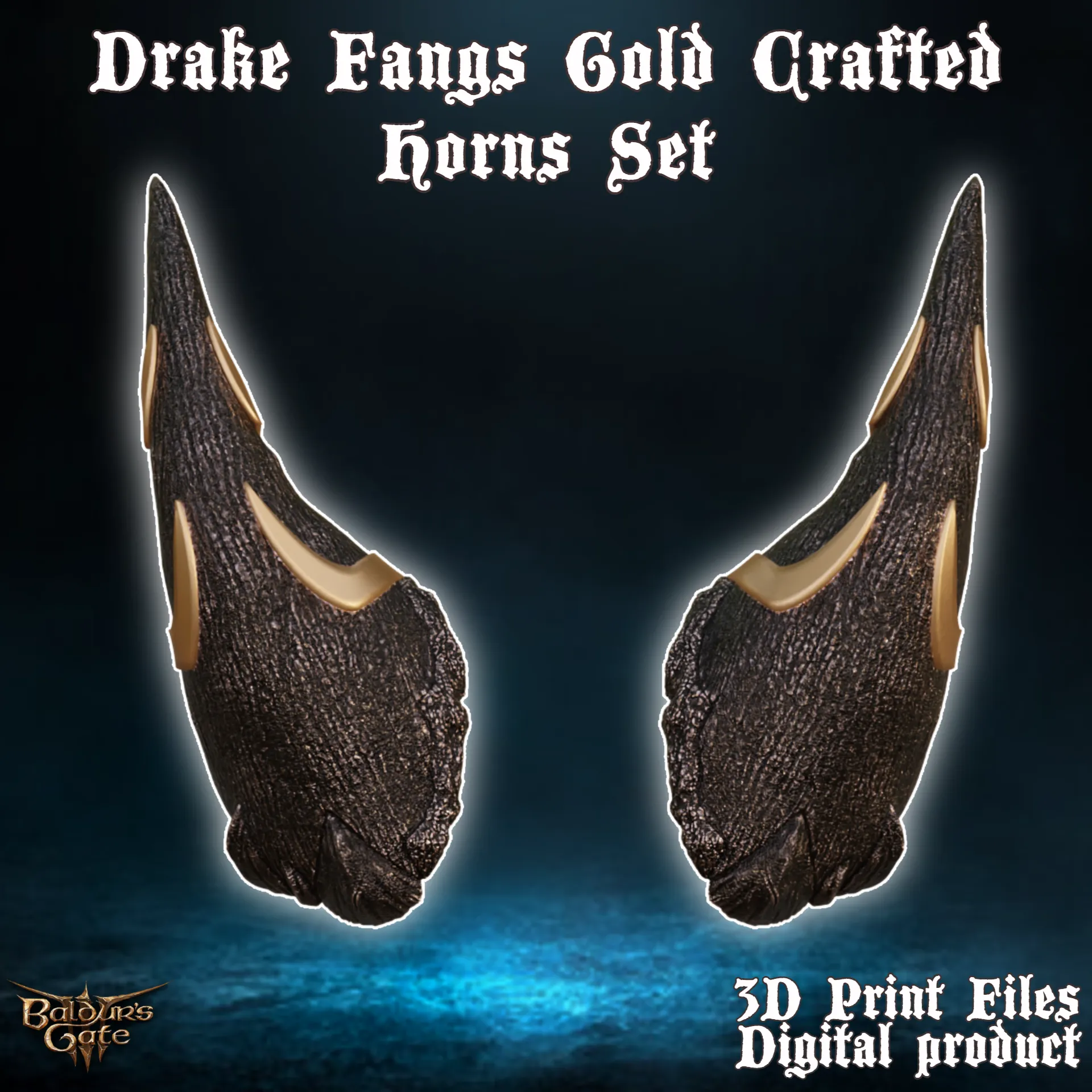 Cosplay STL Download - Fantasy Drake Fangs Gold Crafted Horns Set ...