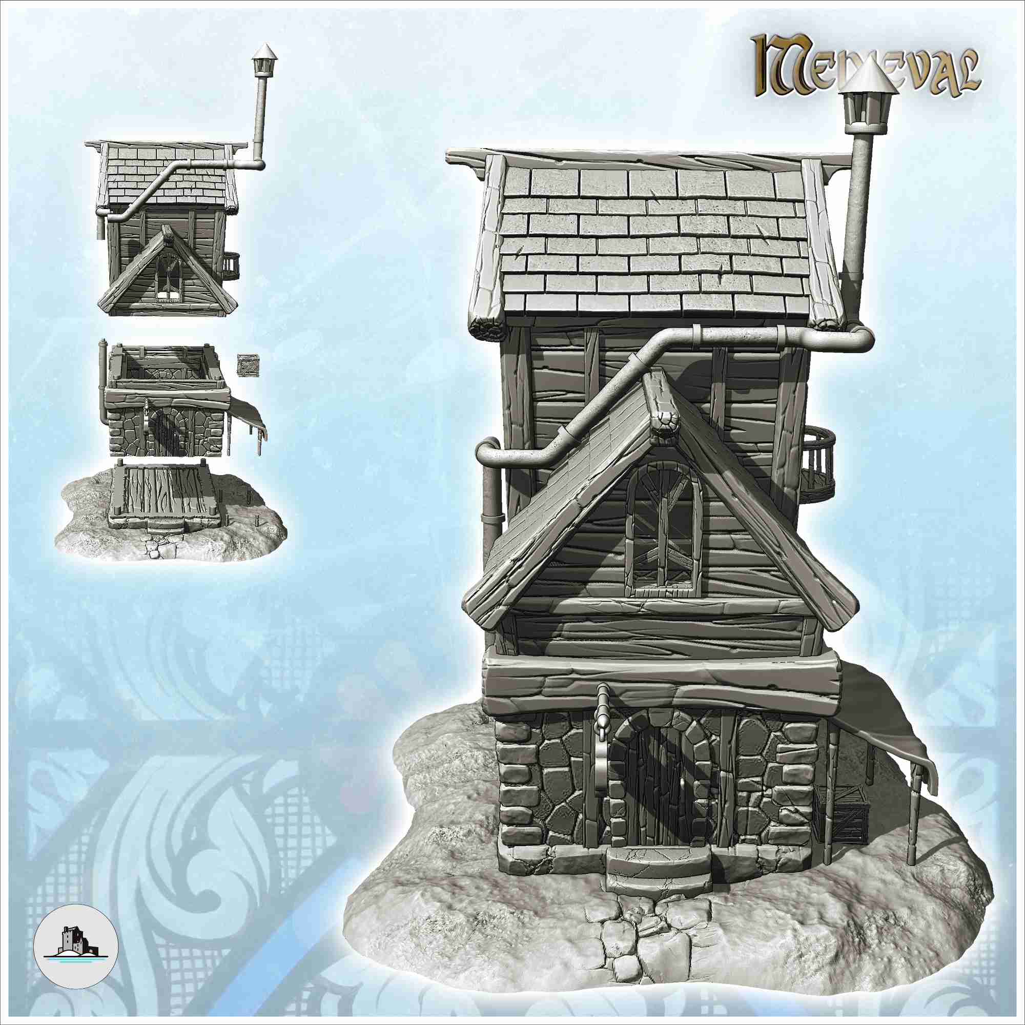 Medieval house with zinc drain pipes, canvas awning, entranc | 3D ...