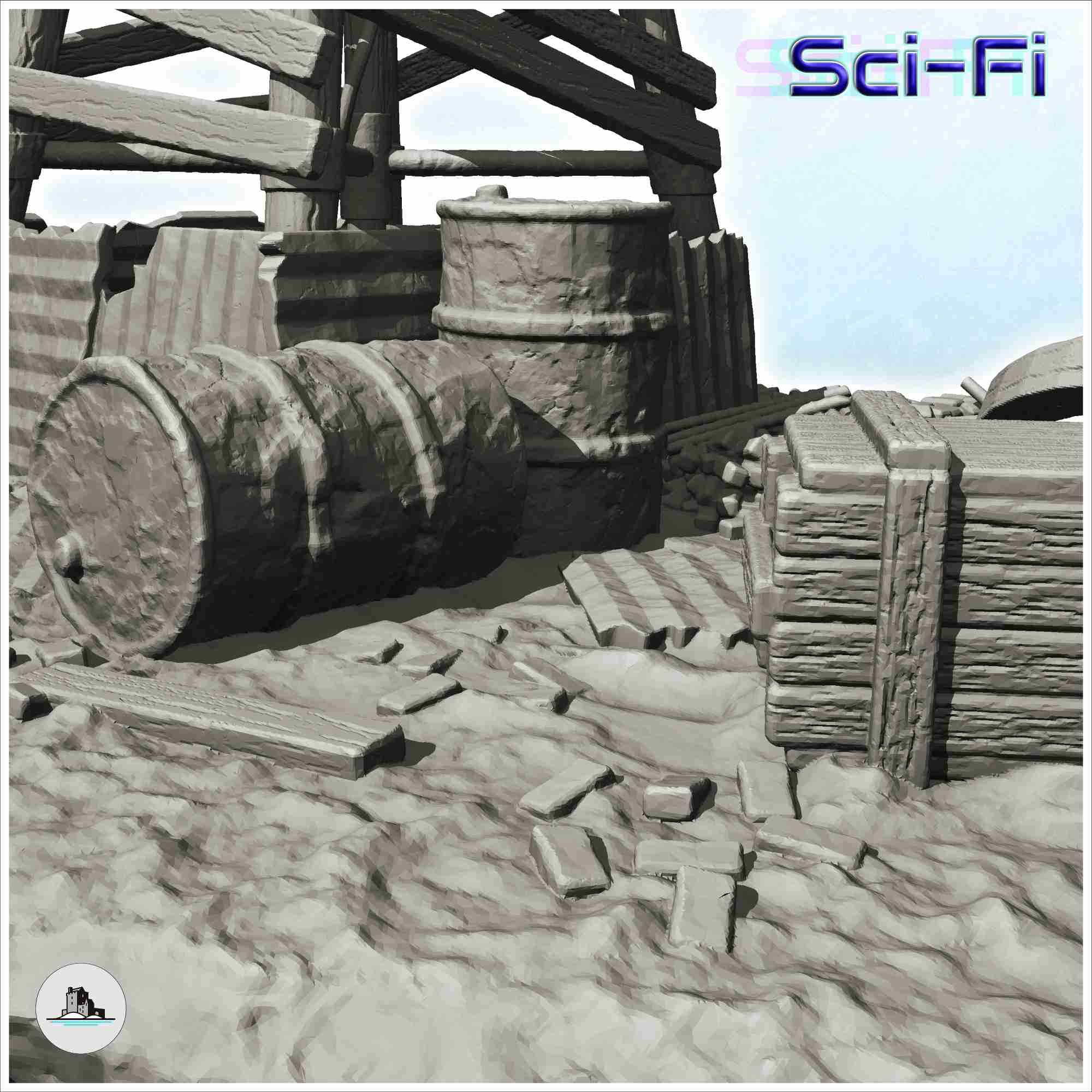 Post-apocalyptic wind turbine made of sheet metal and wood w | 3D ...