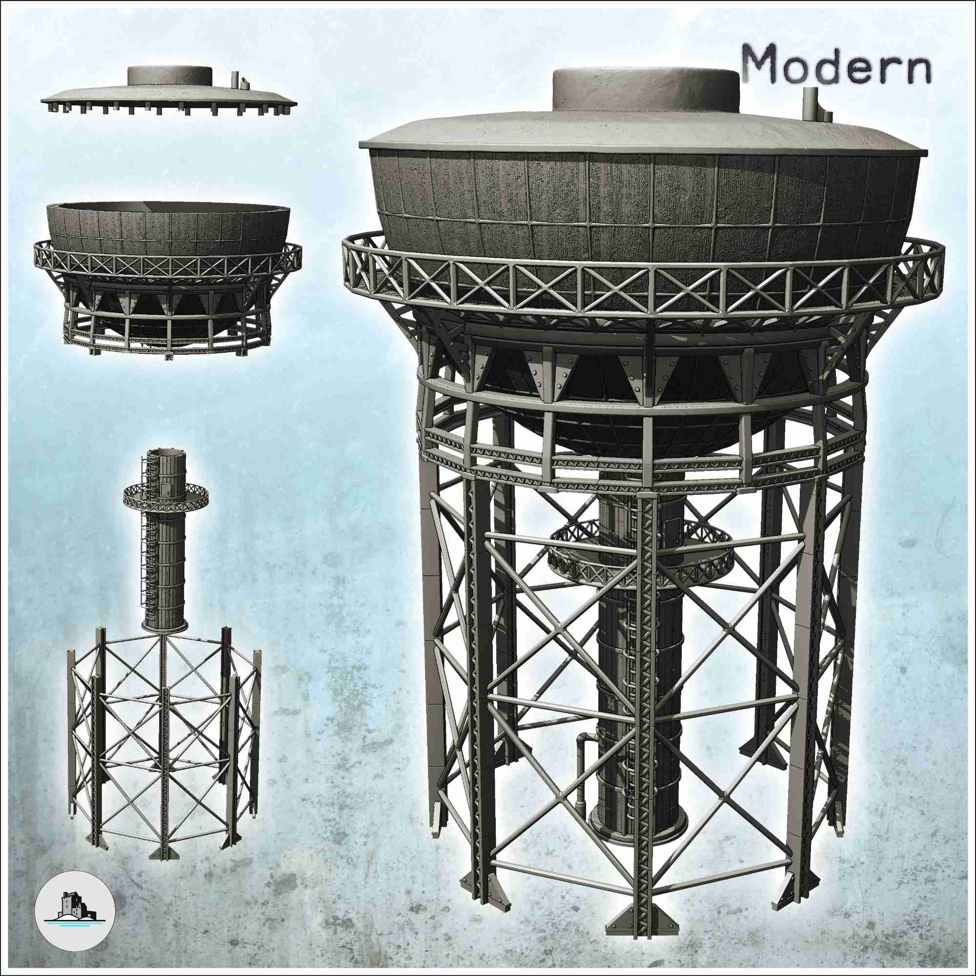 Industrial tower with tank at the top and metal structure (2 | 3D ...