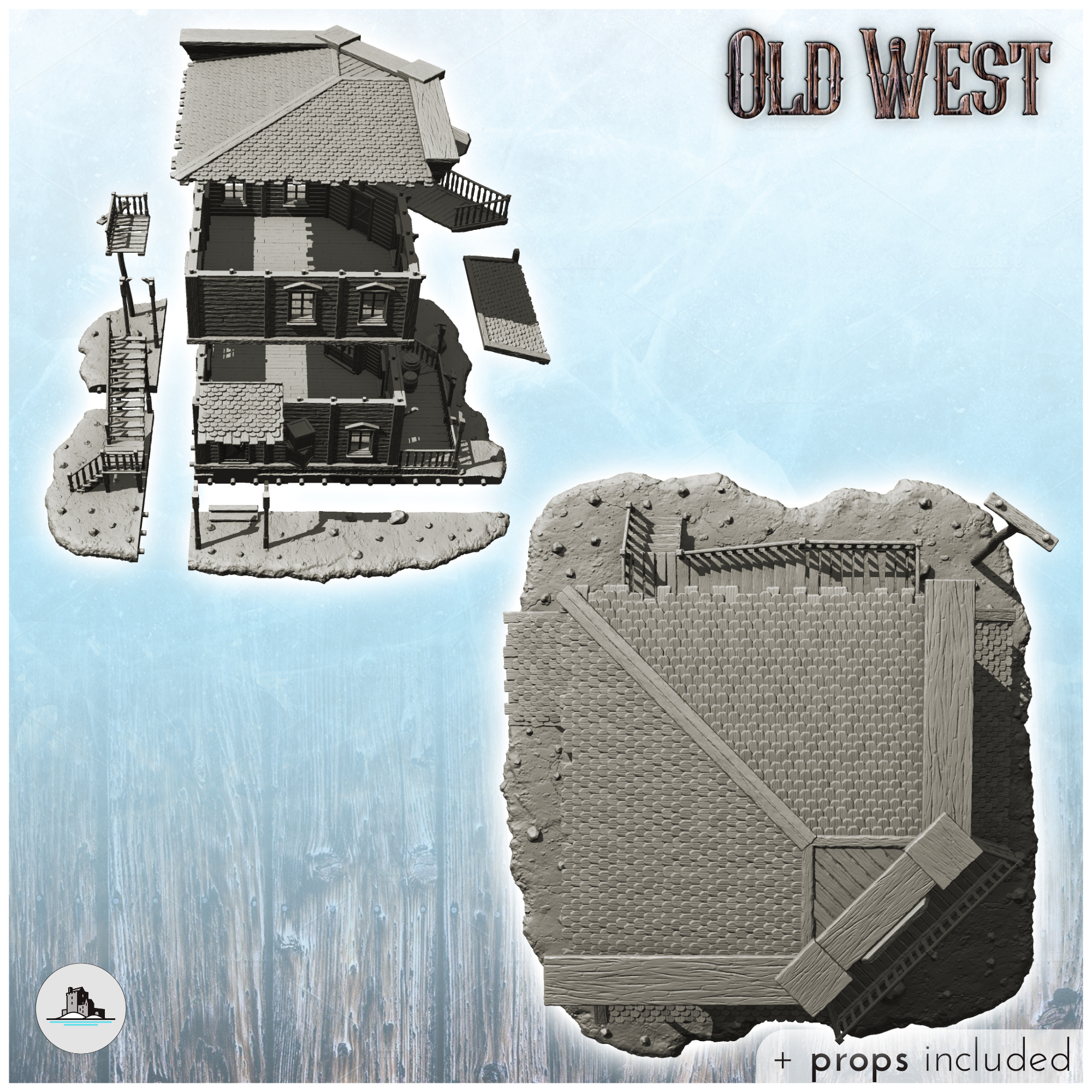 Western bank building in corner with balcony - Terrain | 3D models ...