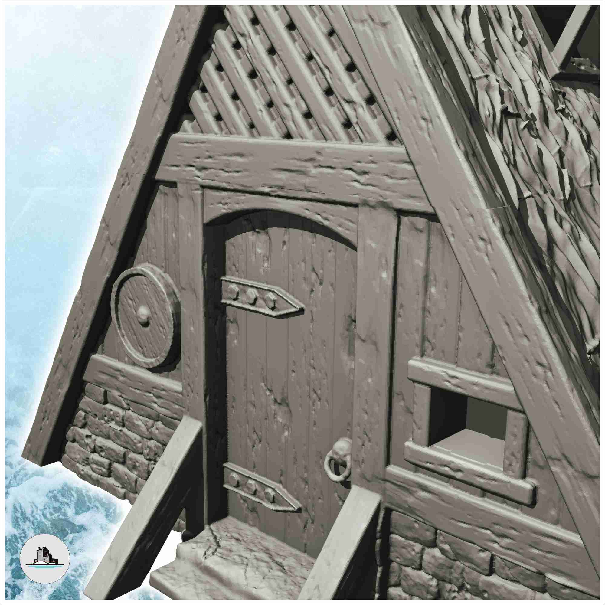 Viking house in stone and wood with thatched roof and window | 3D ...