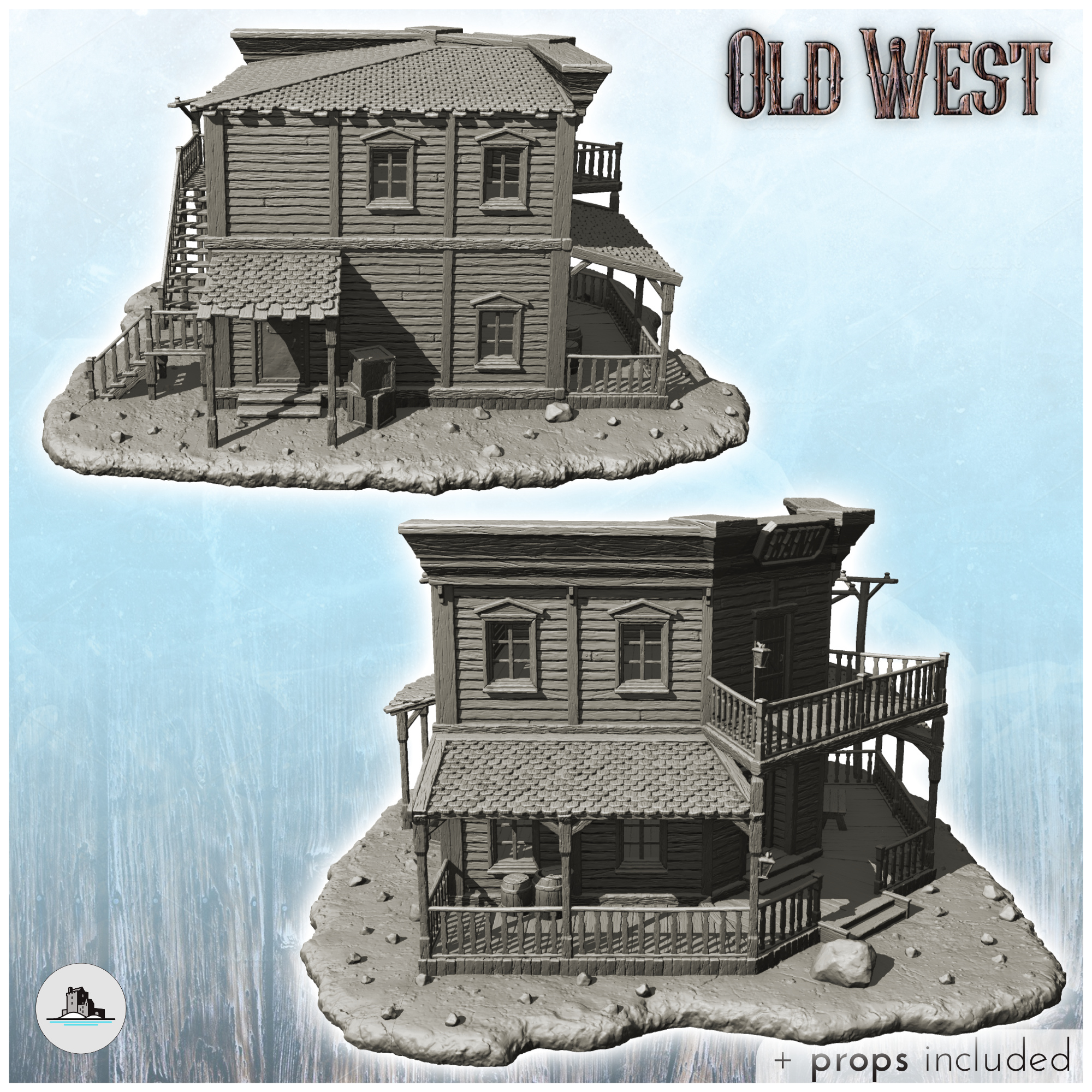 Western bank building in corner with balcony - Terrain | 3D models ...