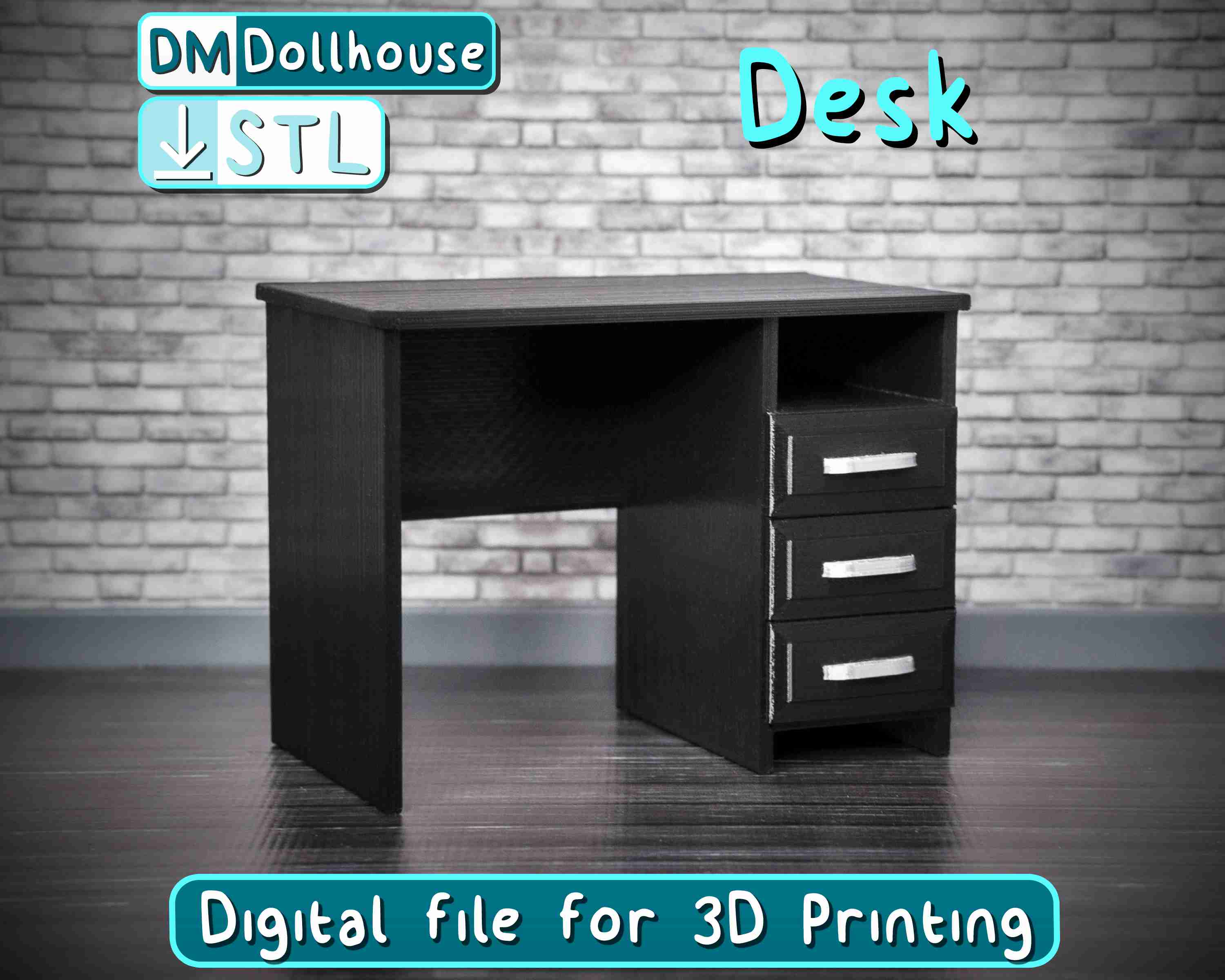 Dollhouse Desk with 3 drawers - STL files for 3D printing | 3D models ...