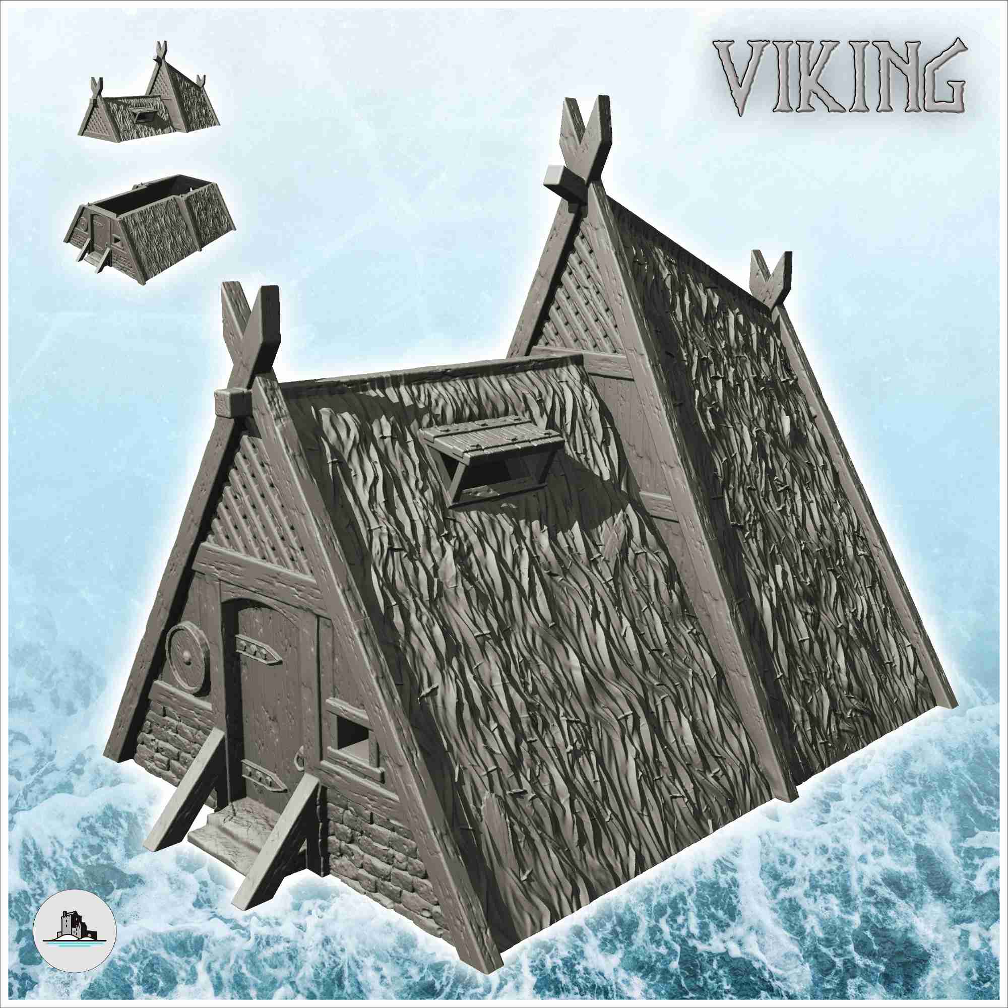 Viking house in stone and wood with thatched roof and window | 3D ...