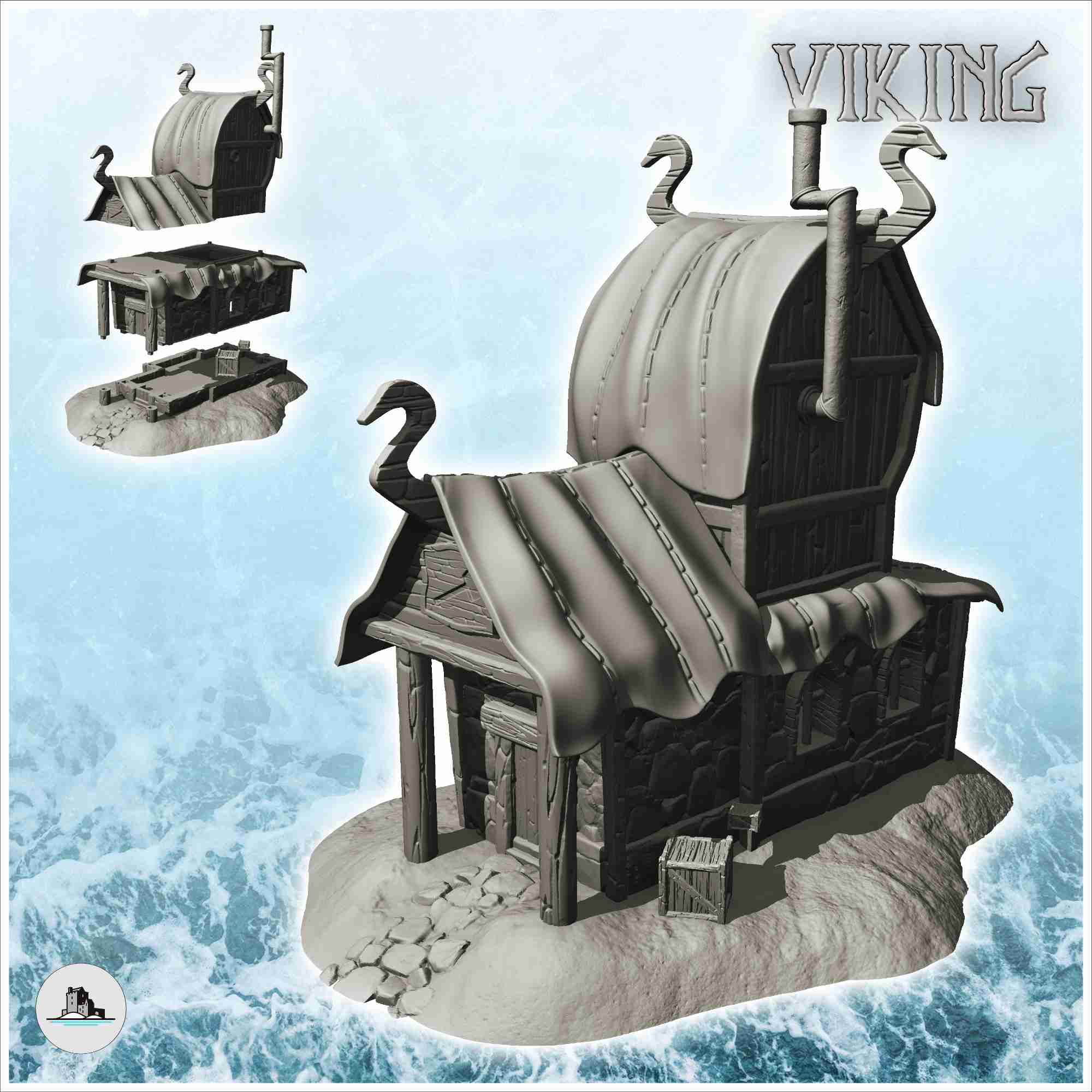 Viking building with wooden emblems and exterior pipes with | Download ...